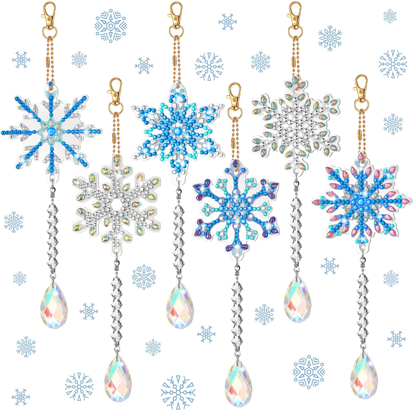Perthlin 6 Pieces Winter Snowflake Diamond Art Kits Double Sided Diamond Art Suncatchers Wind Chimes Hanging Diamond Art Ornaments Accessories for Kids DIY Crafts Christmas Home Windows Decoration