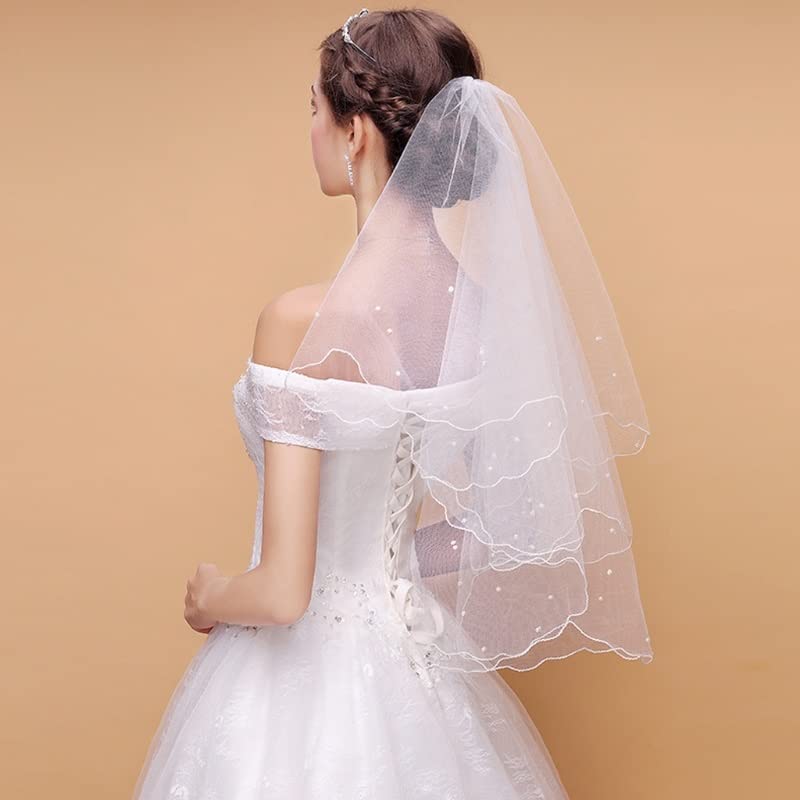MXIAOXIA Women Pearl Bridal Veils Wedding Dress Veil Layers Tulle Ribbon Edge Accessories