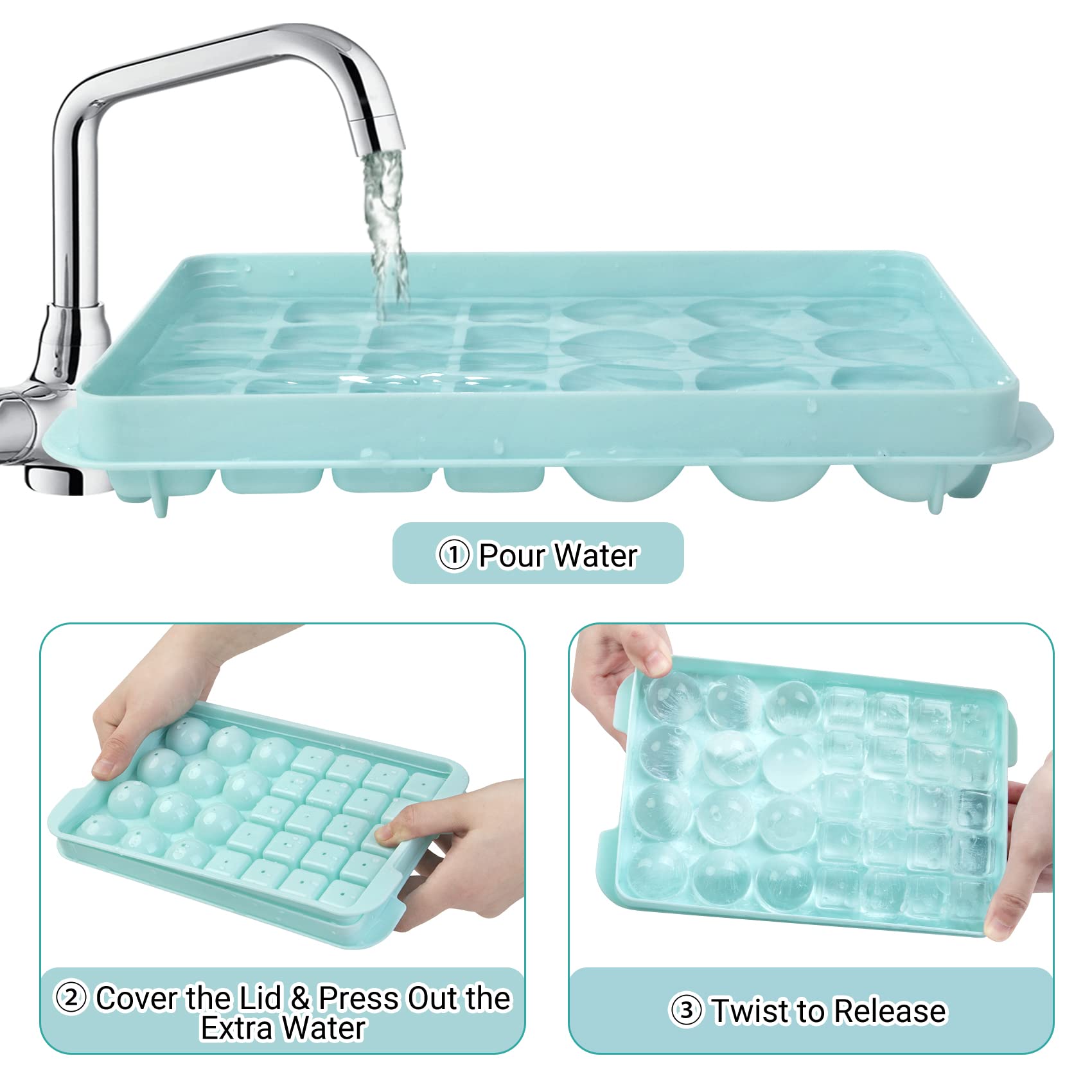 Korlon Ice Trays for Freezer with Lid and Bin, 64 PCS Ice Cube Trays, Round Ice Cube Molds & Square Container for Making Cocktail Whiskey Tea & Coffee