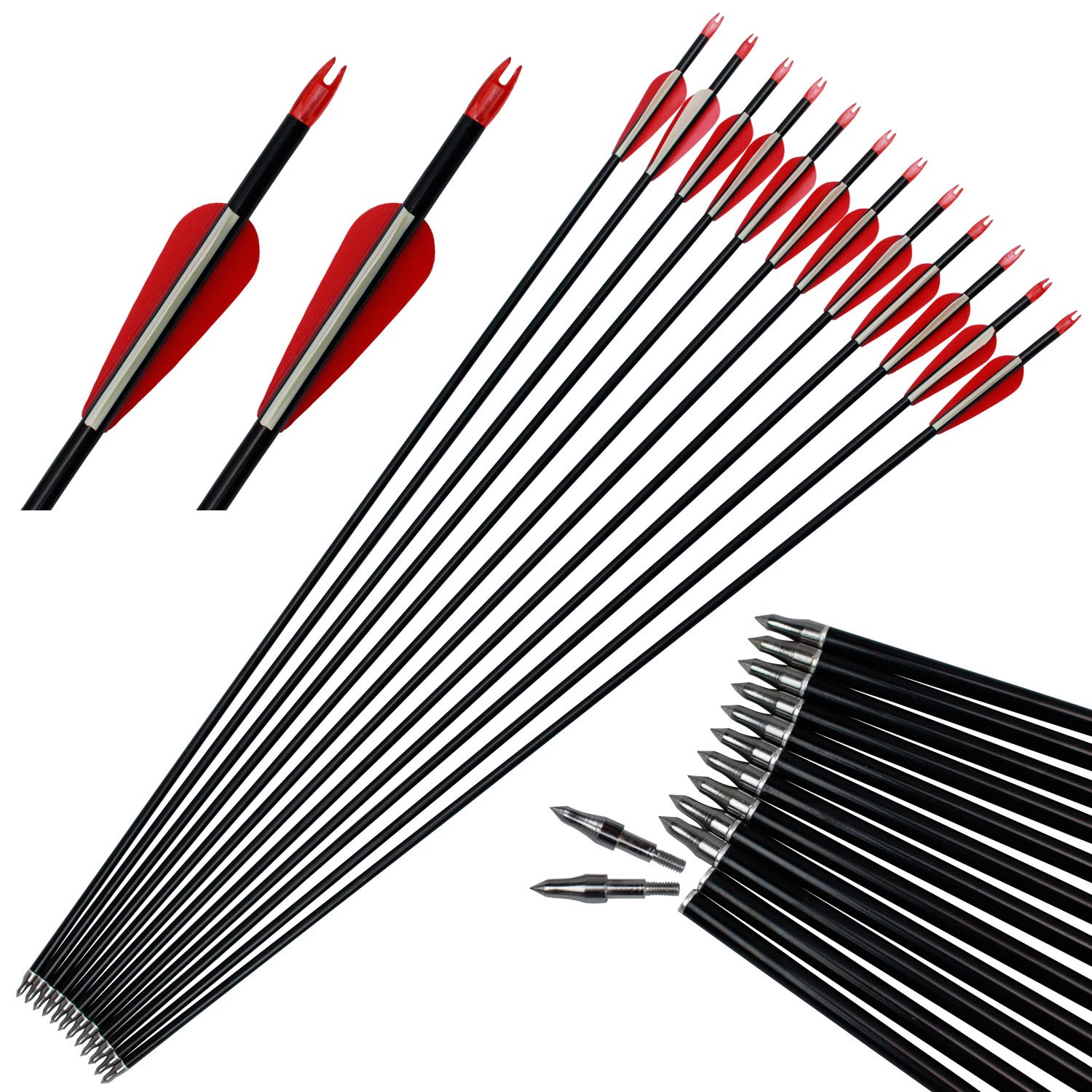 kaimei 32inch Aviation Aluminium Targeting Hunting Arrows for Recurve Bow and Compound Bow with 3inch Blade Field Point and Replaceable Tip 12 Pack