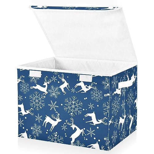 Krafig Foldable Storage Box Large Cube Organizer Bins Forest Animals Deer Blue Containers Baskets with Lids Handles for Closet Organization, Shelves, Clothes, Toys