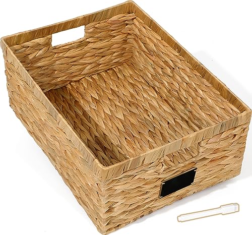 Kenvc 16.5in Jumbo Rectangular Wicker Basket, Rectangle Woven Baskets for Storage, Natural Water Hyacinth Storage Baskets with Built-in Handles, Chalkboard Labels & Chalk Marker, Large 1-Pack