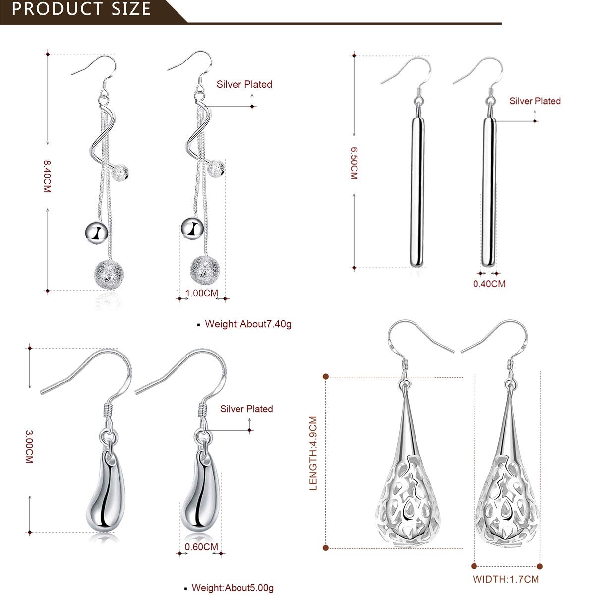 Jewdreamer 12 Pairs Classic Silver Plated Dangle Drop Earrings for Women Simple Long Thread Fashion Line Christmas Earring Set