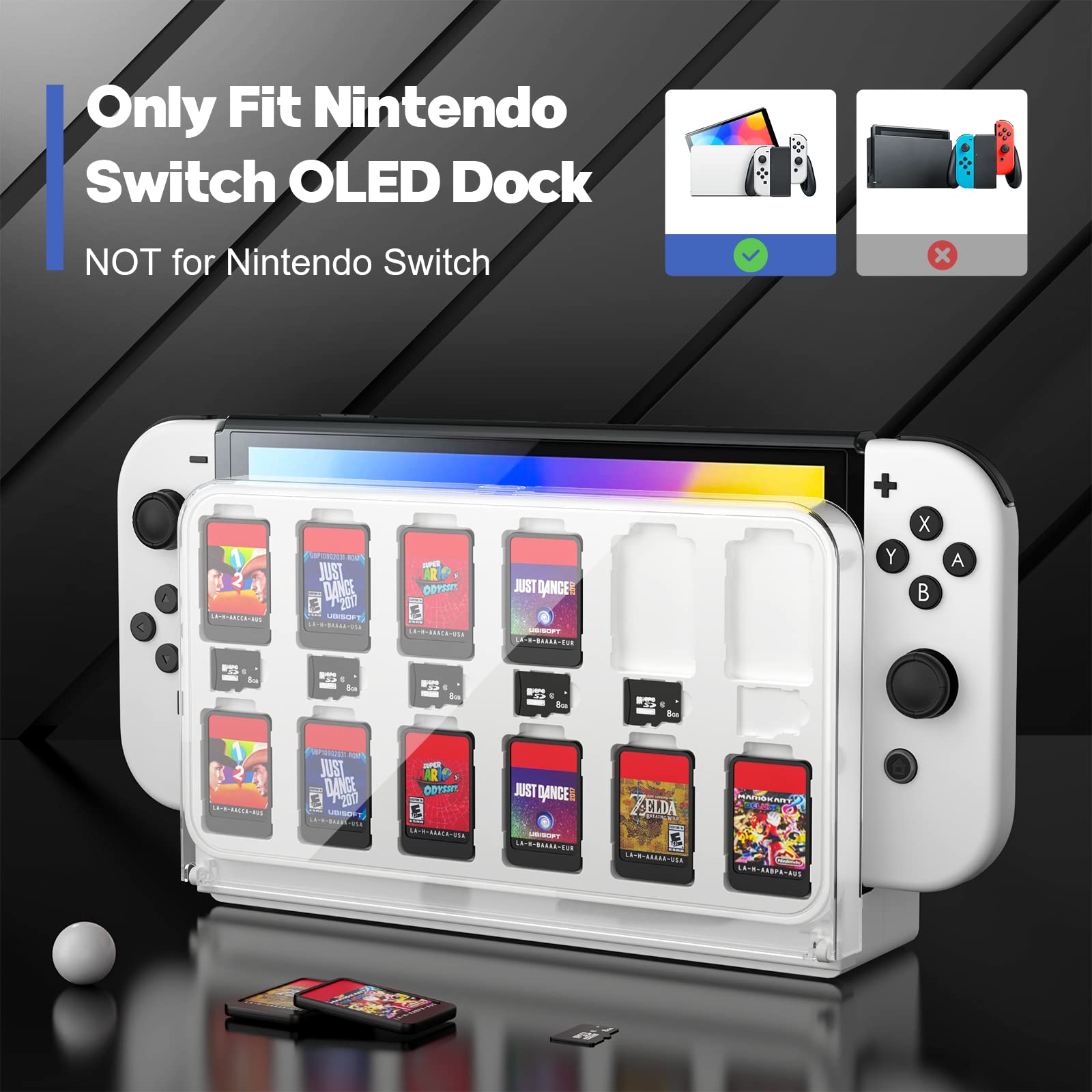 MoKo 12 Game Card Case Compatible with Nintendo Switch OLED Base, Clear Switch Game Holder with 12 Switch Game Card & 6 SD Card, Game Card Display Cabinet Box for Switch OLED Charging Dock (Only)