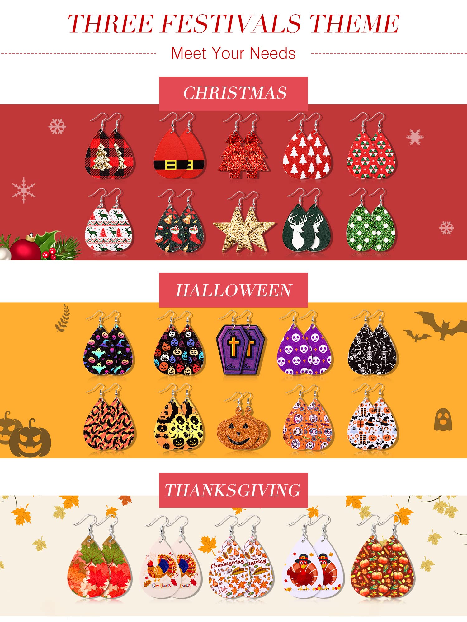 Hicarer 25 Pairs Christmas Faux Leather Earrings Halloween Thanksgiving Holiday Fall Leather Teardrop Dangle Earrings for Women