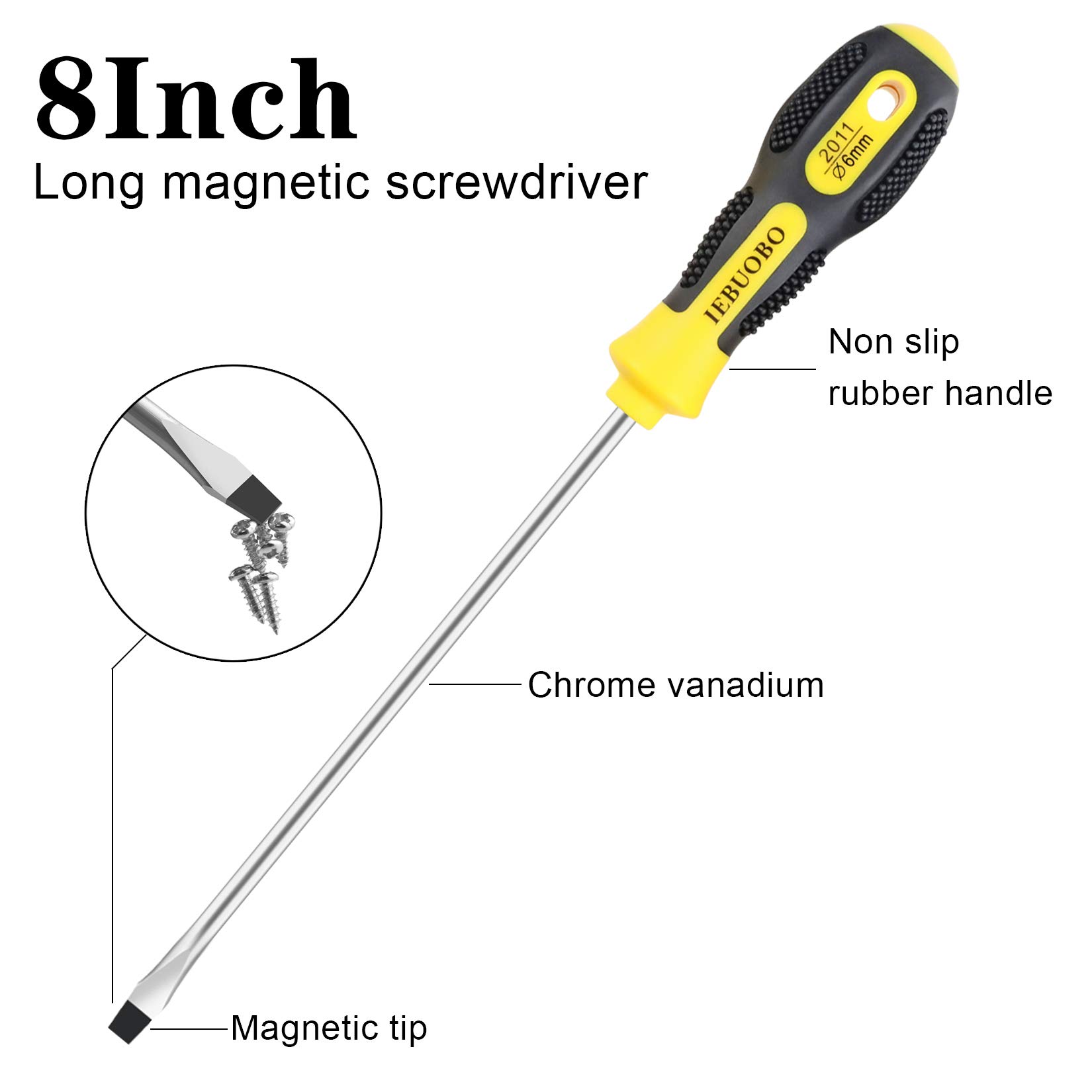 IEBUOBO Slotted and Phillips Screwdriver, PH2 8" Long Cross-head Screwdriver & Flat Blade Screwdriver, 2 Packs Magnetic Screwdriver with Rubber Handle, With Magnetizer/Demagnetizer Tool
