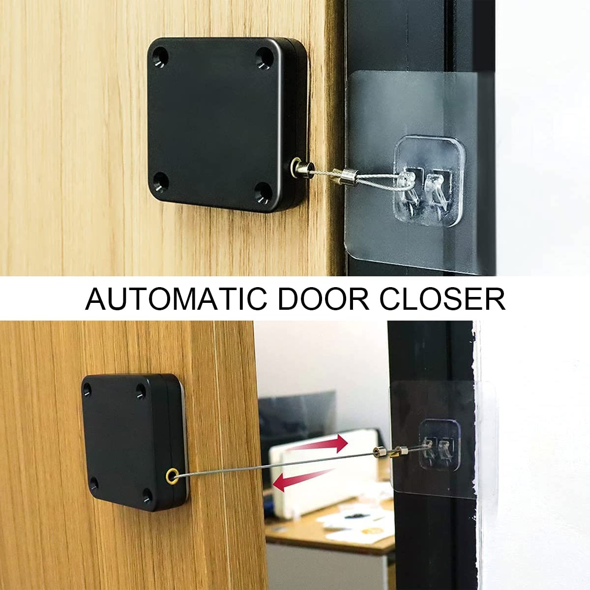 HOJLKLD Punch-Free Automatic Sensor Door Closer, 2 Pack 1000G Power Multifunctional Door Closer with Steel Drawstring for Residential Commercial Doors (Black)