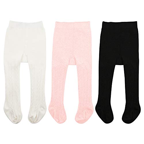 Zando Toddler Seamless Leggings Pantyhose for Girls Newborn Cable Knit Tights for Baby Girls Boot Tights Infant Leggings Pants Stockings Baby Spring Clothes 3 Pack - White, Black, Ballet Pink Medium