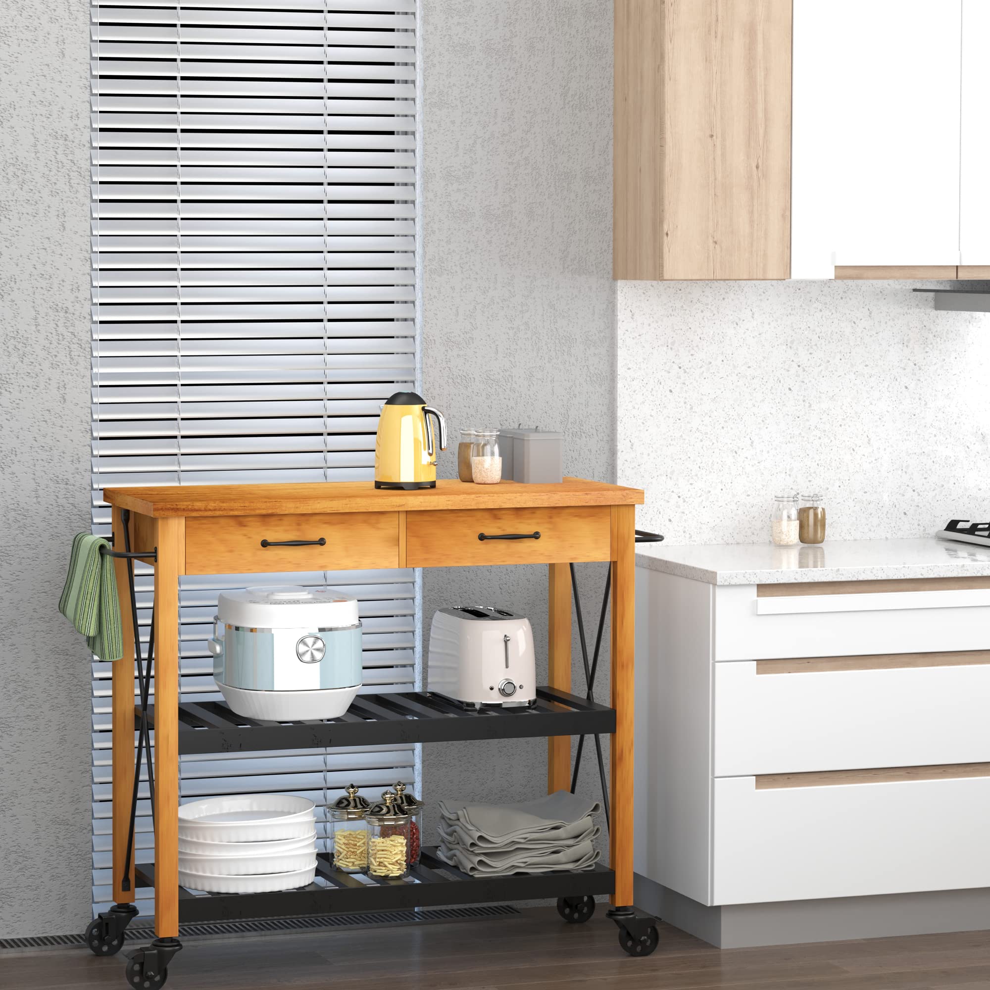 HOMCOM 46" Kitchen Island Cart Rolling Utility Cart with 2 Drawers, Open Storage Shelves & Handle Racks