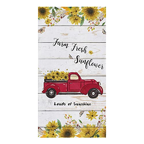 Kitchen Towels – 28”x 18”Large Kitchen Hand Towels Red Truck Loads of Sunflower on The Wooden Board Soft Microfiber and Absorbent Towels Set with Hanging Loop