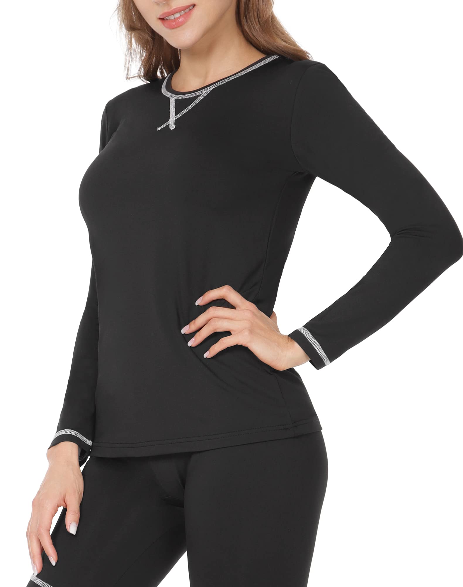 MANCYFIT Womens Thermal Tops Fleece Lined Long Sleeve Shirt Stretch Base Layer Undershirt Black and White Lines 3X-Large