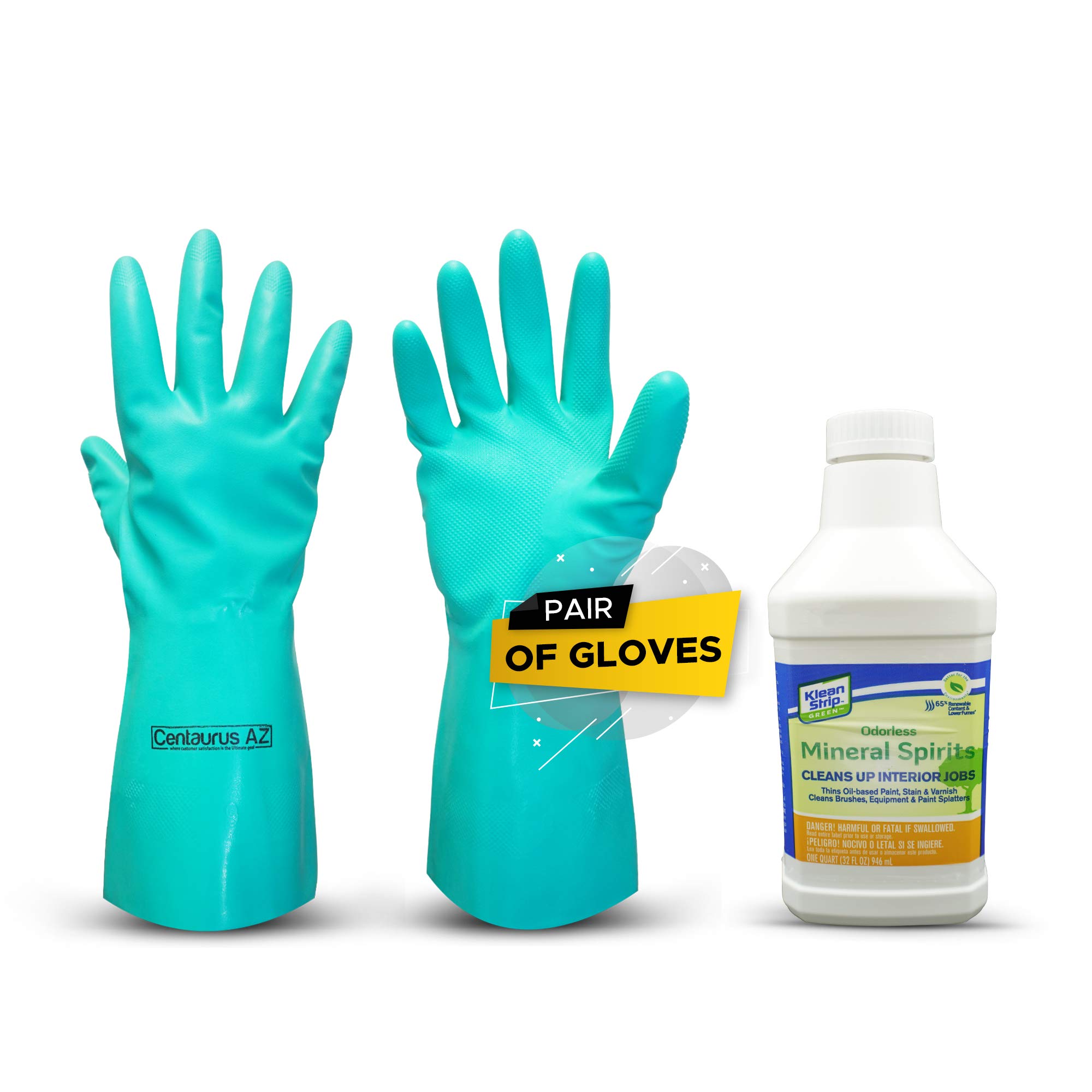 Klean Strip Green Odorless Mineral Spirits - Acrylic Paint Brush Cleaner- Clean Artistic Equipment - Thins Oil Based Paint - Available with Premium Quality Centaurus AZ Gloves-1 QT