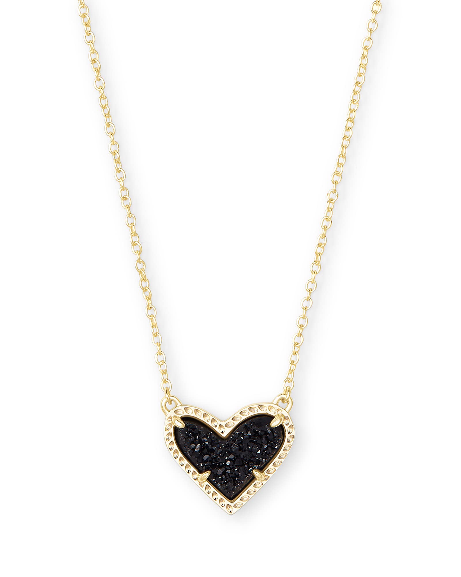 Kendra Scott Ari Heart Short Pendant Necklace in 14k Gold-Plated Brass, Black Drusy, Fashion Jewelry for Women