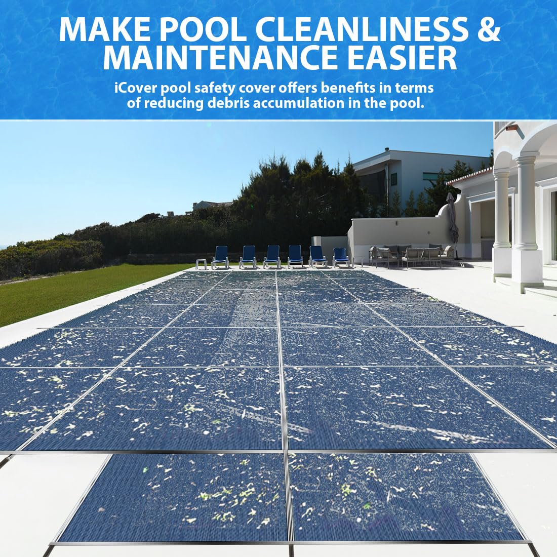 iCover Pool Safety Cover, Fits 16x32ft Inground Swimming Pool with 4x8ft Center End Steps, Heavy Duty Mesh High Strength Pool Cover, Hardware and Instruction Manual Included, Blue