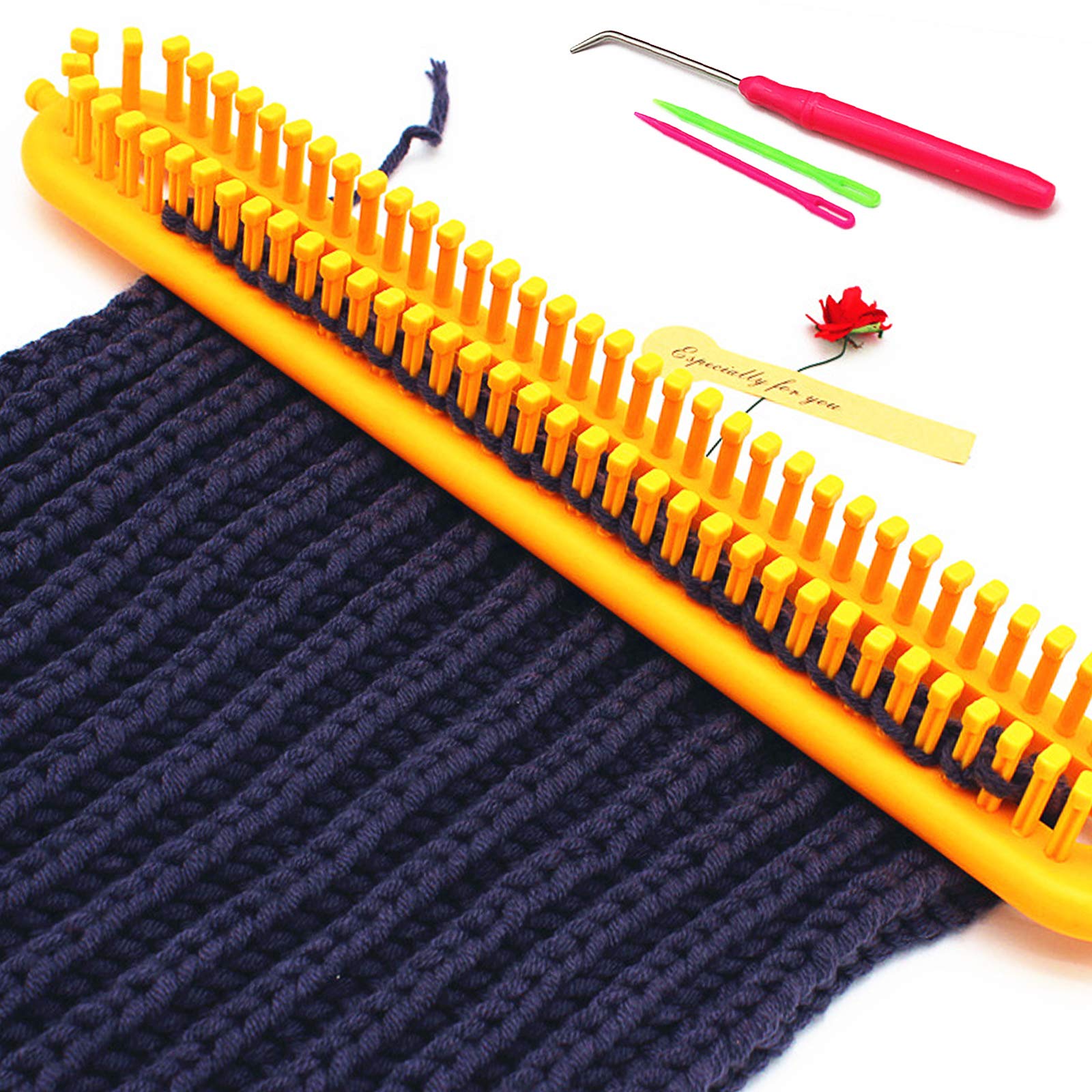 Katech Rectangle Knitting Looms 47 cm Long Green Plastic Weaving Looms Set Scarf Hats Making Tools DIY Crocheting Handmade Craft Kit with a Crochet Hook and Needle for Knitting Lovers (Green)