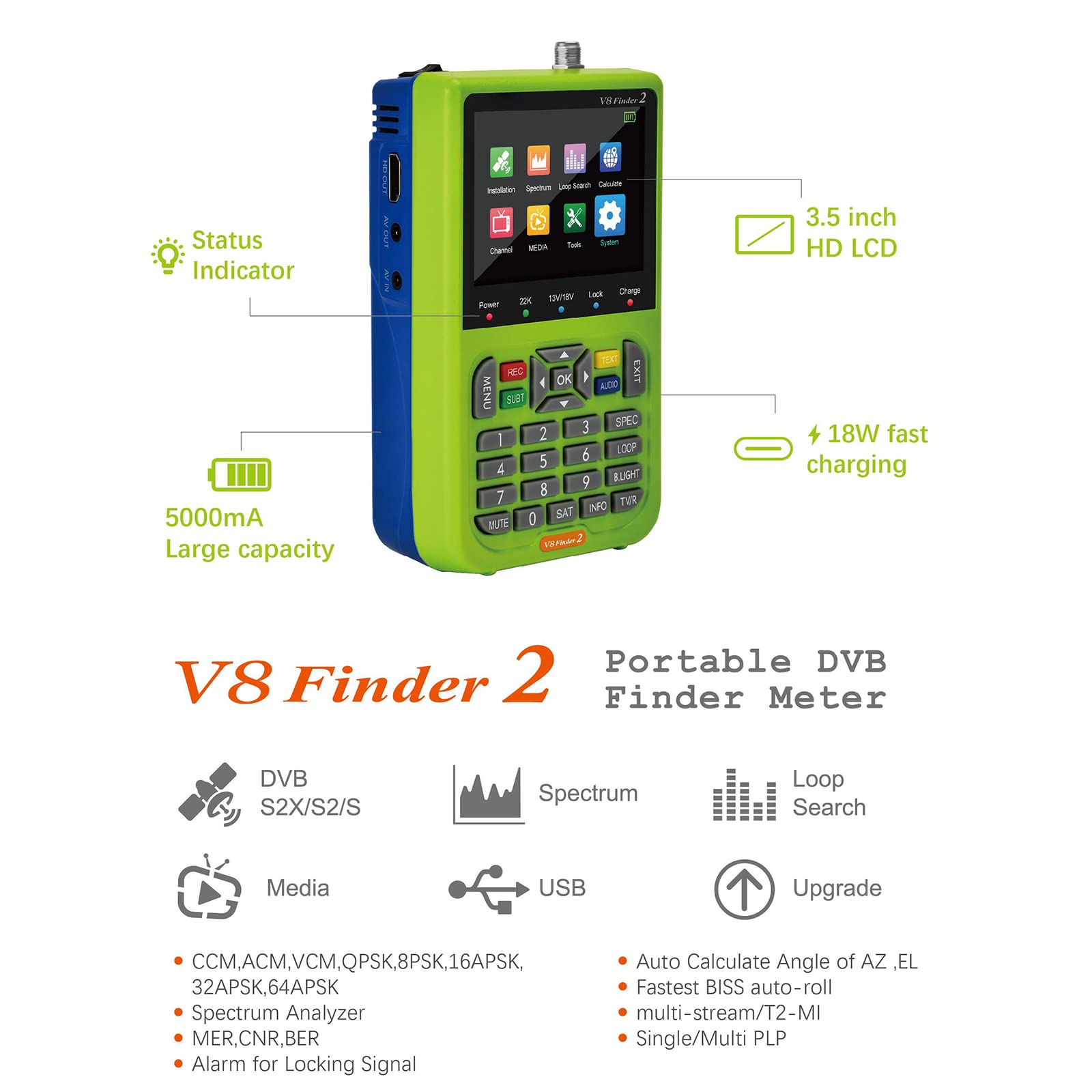ICQUANZX V8 Satellite Finder Signal Meter Upgraded TV DVB-S2/S2X Receiver Sat Detector, HD 1080P Free to Air FTA 3.5" LCD Built-in 5000mAh Battery for Adjusting Sat Dish