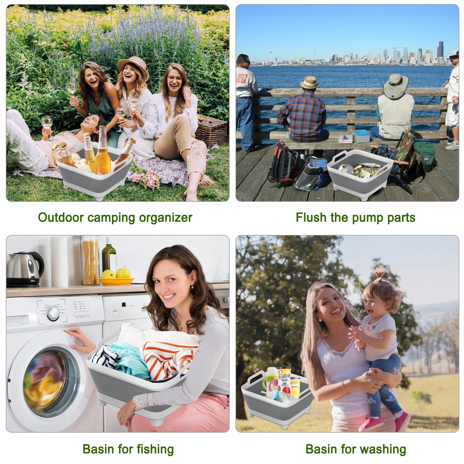 KEPPIER Dishpan, 9L Collapsible Washing Basin (Gray, PP, TPR), Portable Dish Tub with Drain Plug, Space-Saving Drying Rack for Kitchen, Camping, Laundry use
