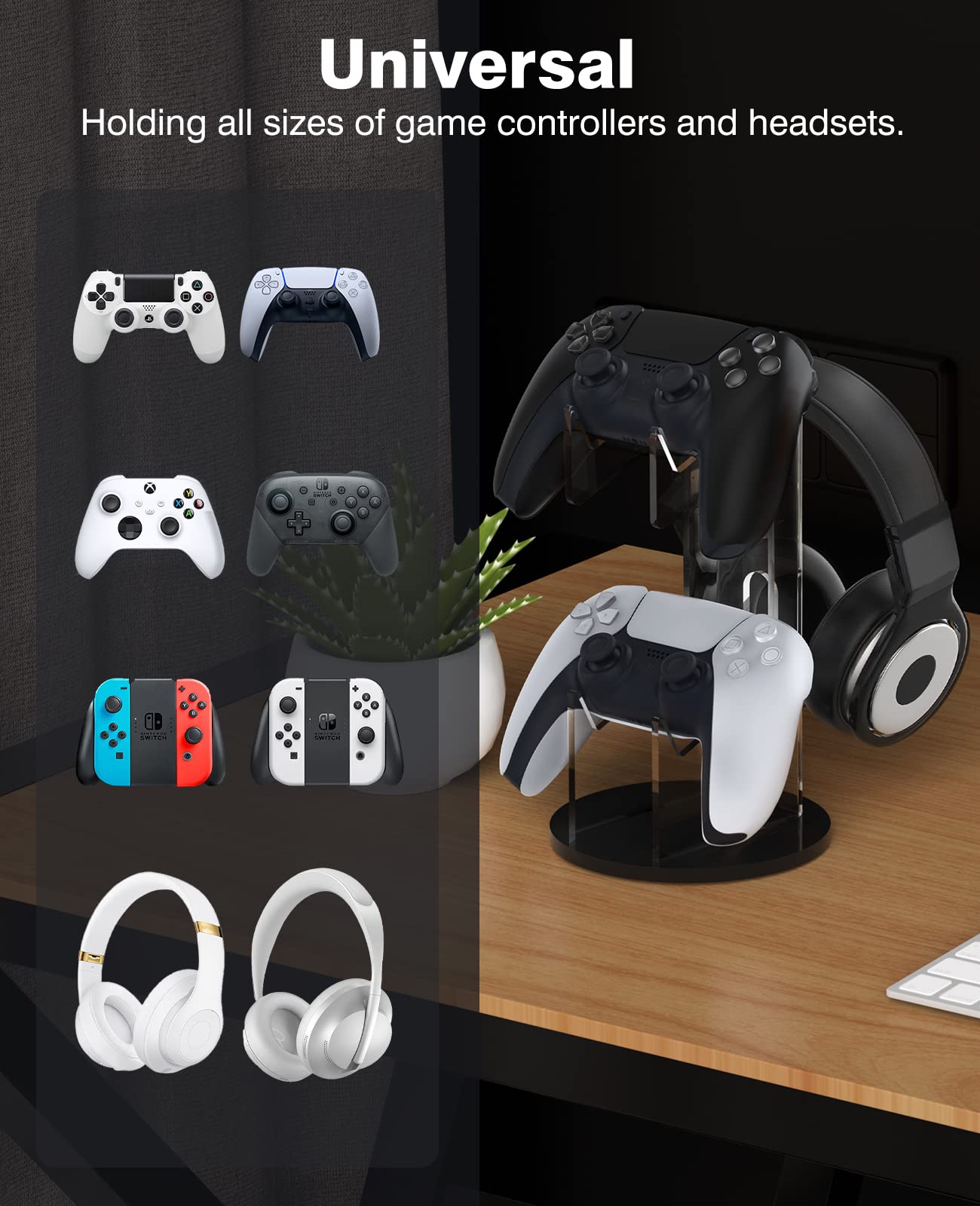 MoKo Universal Stand for Game Controller and Headset Stand, 2 in 1 Game Controller Stand Holder Storage Organizer for ps5, ps4, Xbox One, Xbox Series, Controller Stand Gaming Accessories, Black&Clear