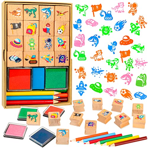 Zayvor Kids Stamps Set, Boy Wooden Rubber Stamp with Ink Pad Colored Pencil, Holiday Square Craft Stamp for Stamping Scrapbooking Crafting Booking Card Making Stocking Filler,Party Favor Gift