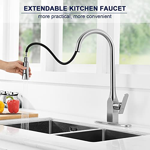Kitchen Sink Faucet,New Square Base Designwith Pull Down Sprayer and Magnetic Docking Spray Head,for Bars, Restaurants, Residences, Kitchen Sinks