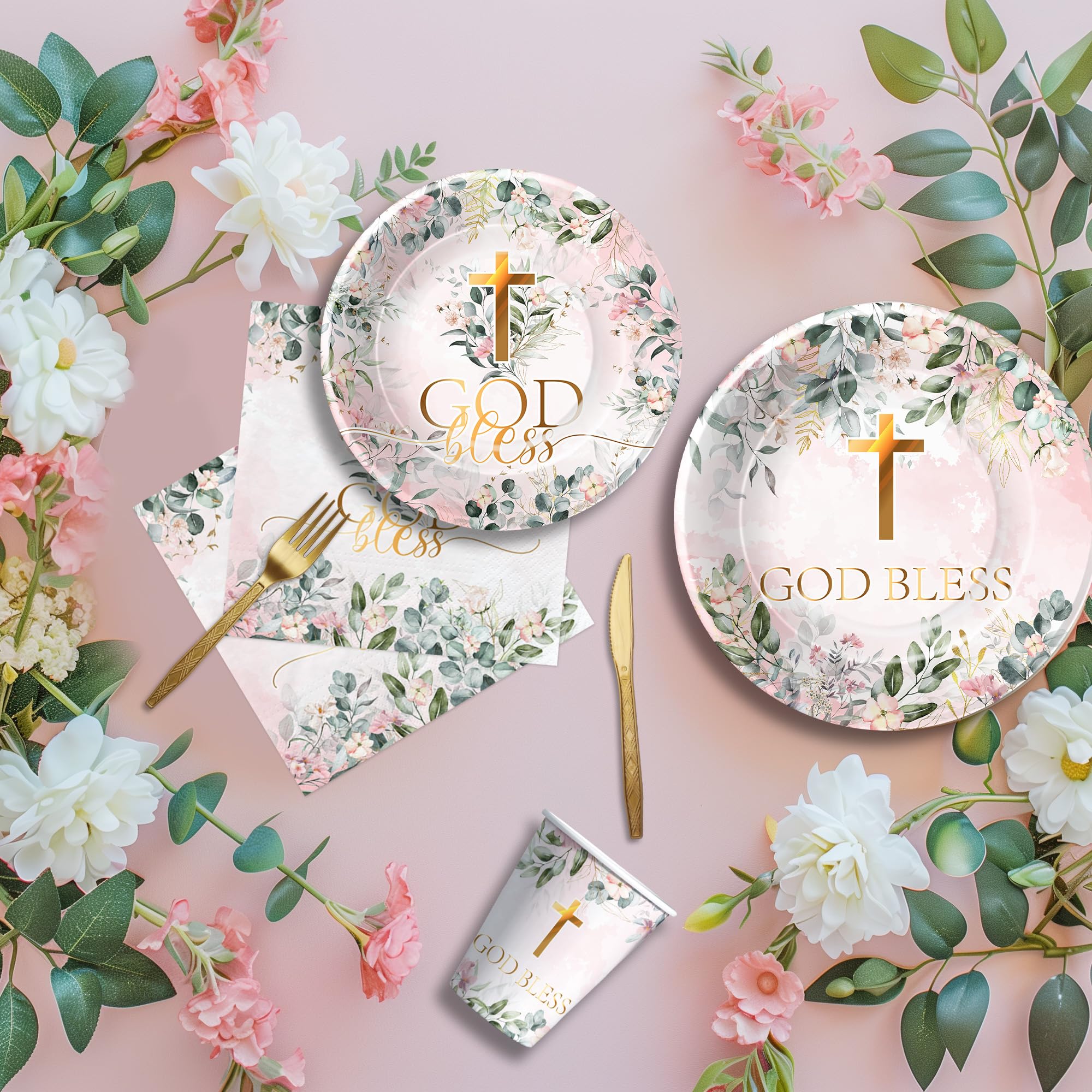 Suhelkit God Bless Baptism Decorations Tableware Girl - First Communion Decorations Supplies, Plate, Cup, Napkin, Fork, Baptism Plates And Napkins Set For Christening Baby Shower Religious | Serve 24