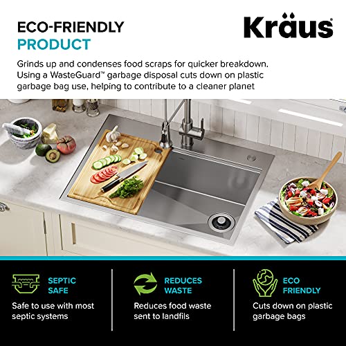 Kraus KWD100-75MBL WasteGuard Continuous Feed Garbage Disposal with 3/4 Horsepower Ultra-Quiet Motor for Kitchen Sinks with Power Cord and Flange Included, 15.25 inch, Black