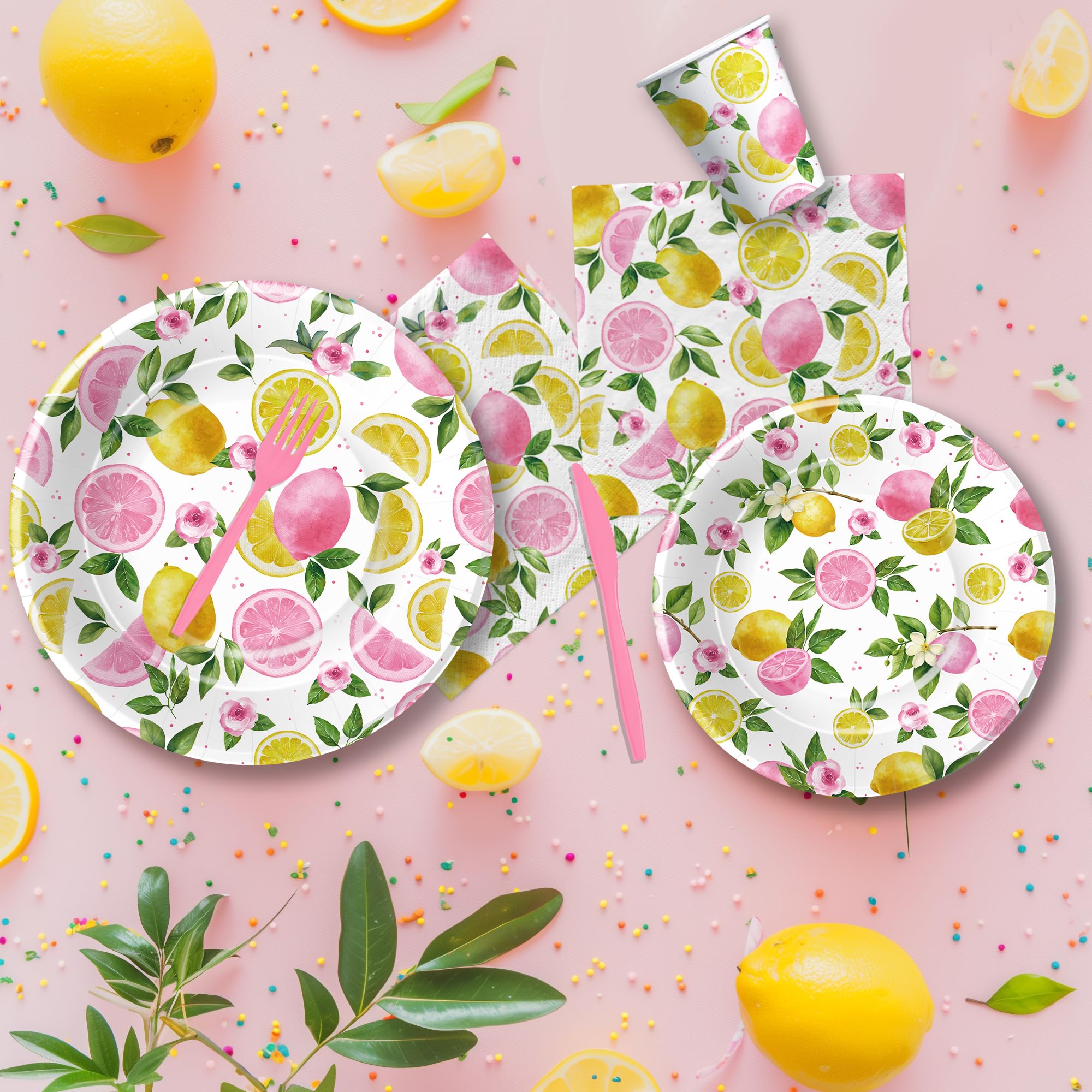 Suhelkit Lemon Party Decorations Tableware For Girls - Lemon Birthday Party Supplies, Plate, Napkin, Cup, Cutlery, Summer Pink Lemon Baby Shower Bridal Shower Table Decorations Dinnerware | 24 Guests