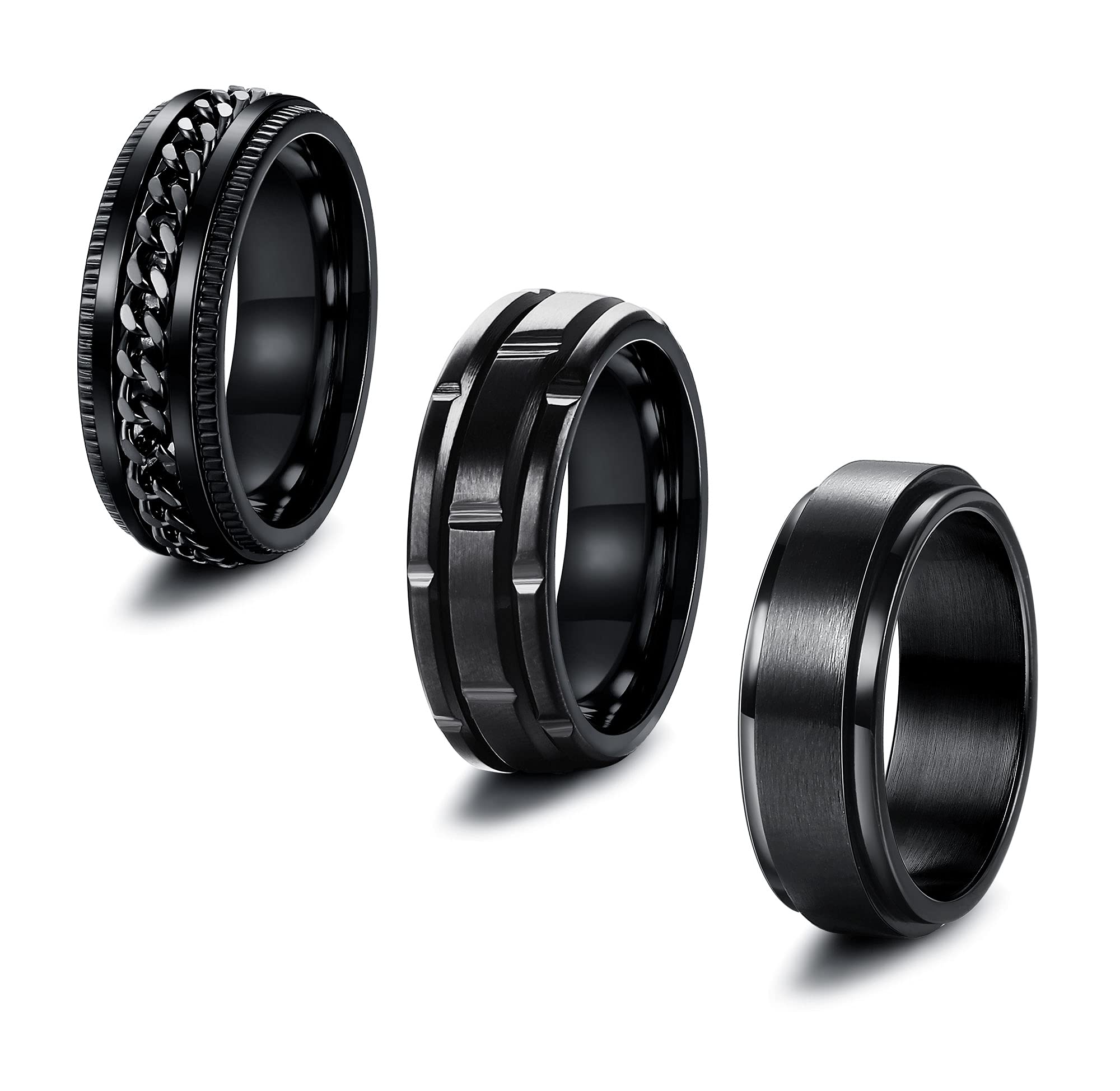 Jstyle 3Pcs Stainless Steel Fidget Rings Set Black Cool Chain Spinner Band Ring for Mens Women Wedding Promise Ring Stress Relieving Size 7-13