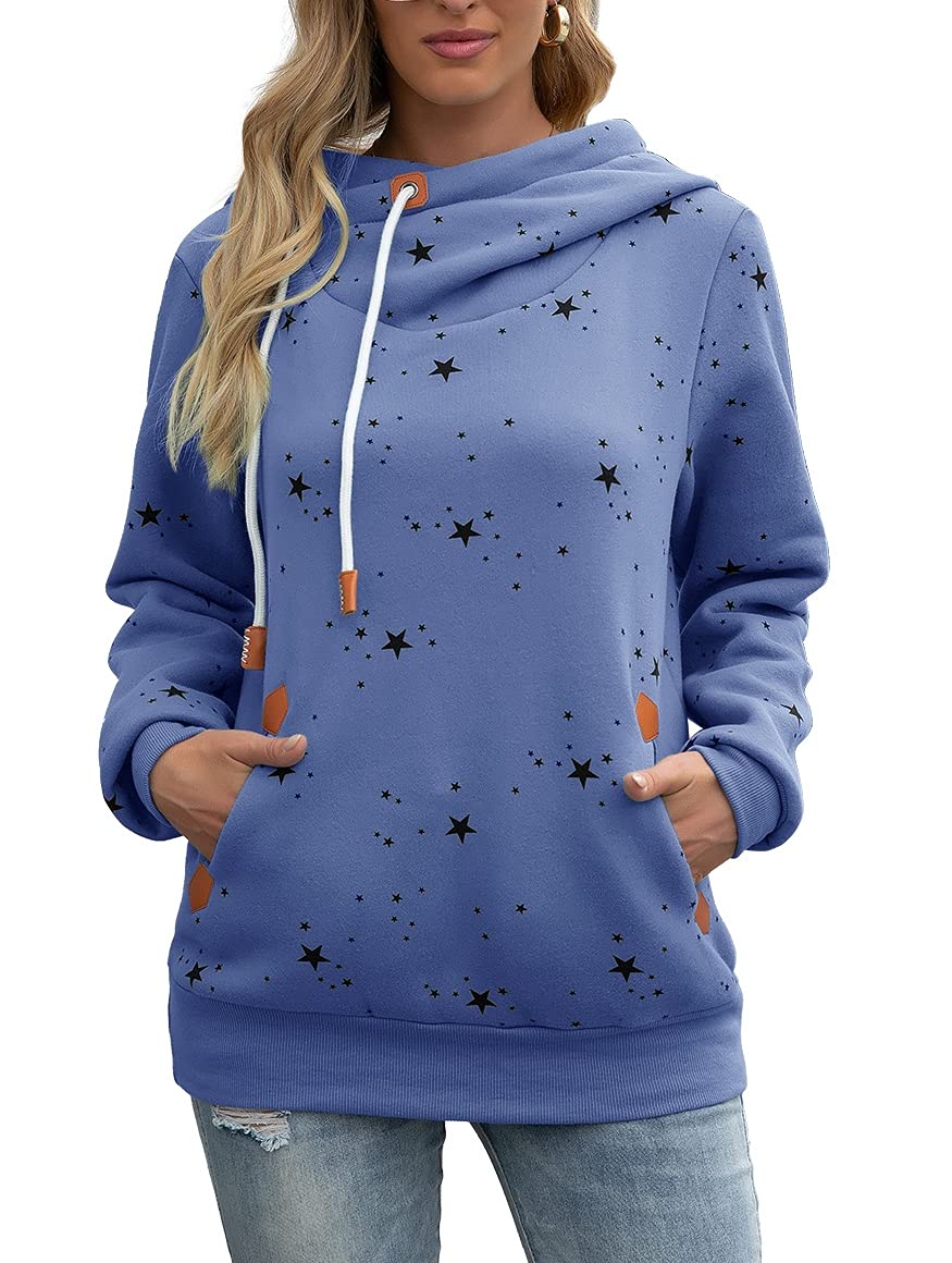 Kapoohott Womens Hoodies Long Sleeve High Necked Printed Hoodies Casual Comply Pullover Sweatshirts with Pockets(Blue,S)
