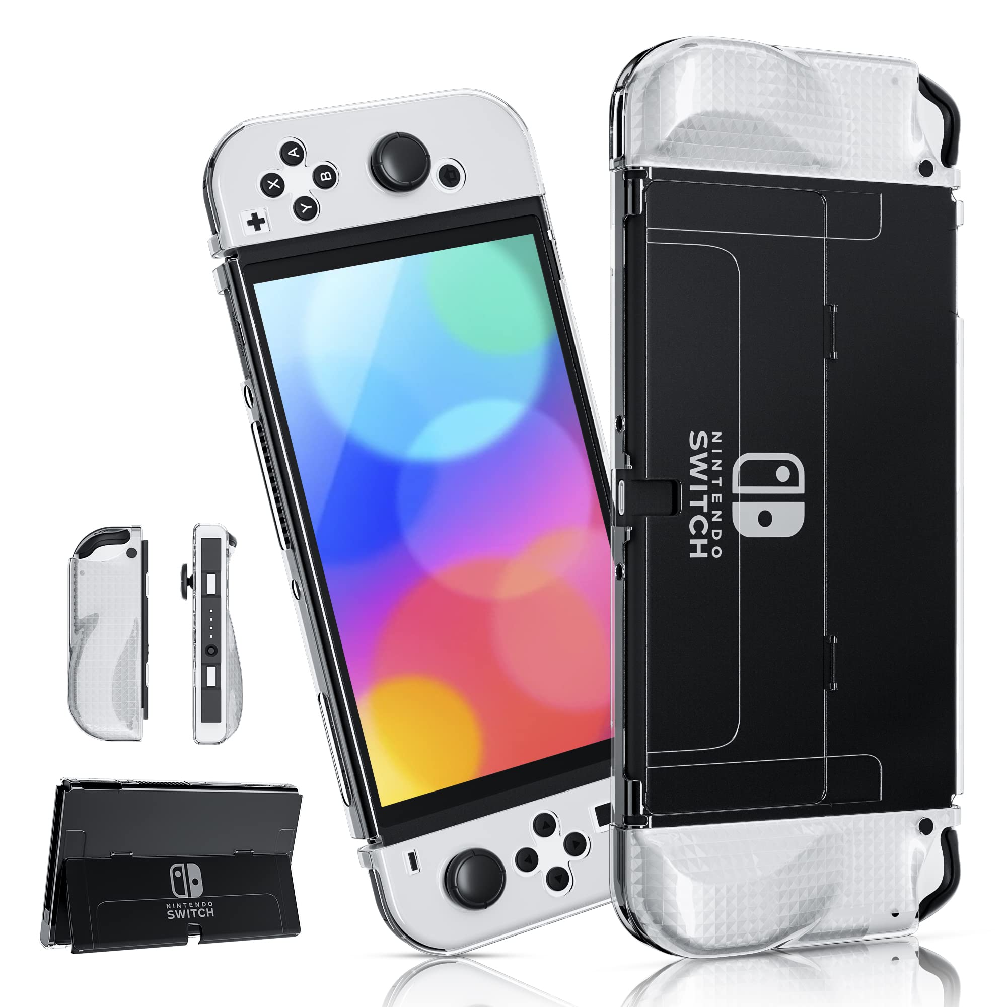 LASTYAL Flip Protective Clear Case Compatible with Nintendo Switch OLED, Hard PC Console Flip Shell and Grid Pattern Comfortable Grip Cover for Joycon Controller