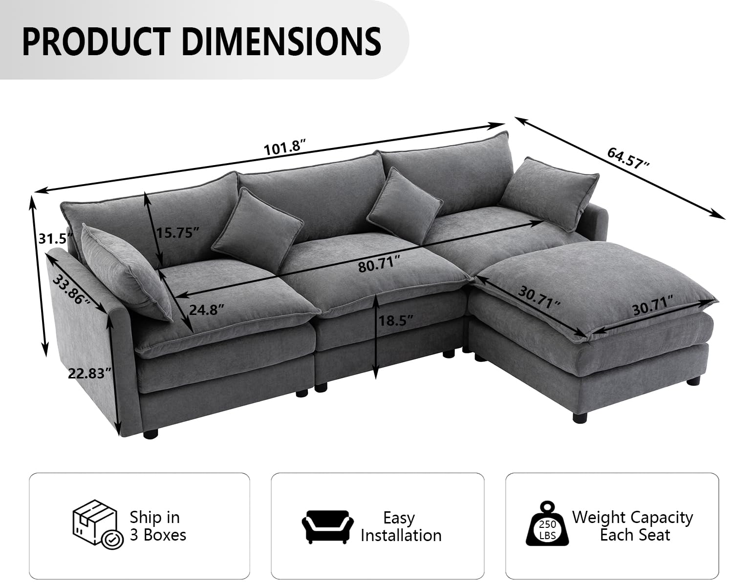 Suheww Grey L Shaped Sectional Sofa, 3 Seat Convertible Sectional Sofa Couch with Movable Ottoman, Modern Chenille Fabric L Shaped Sectional Couches for Living Room Apartment Office RV