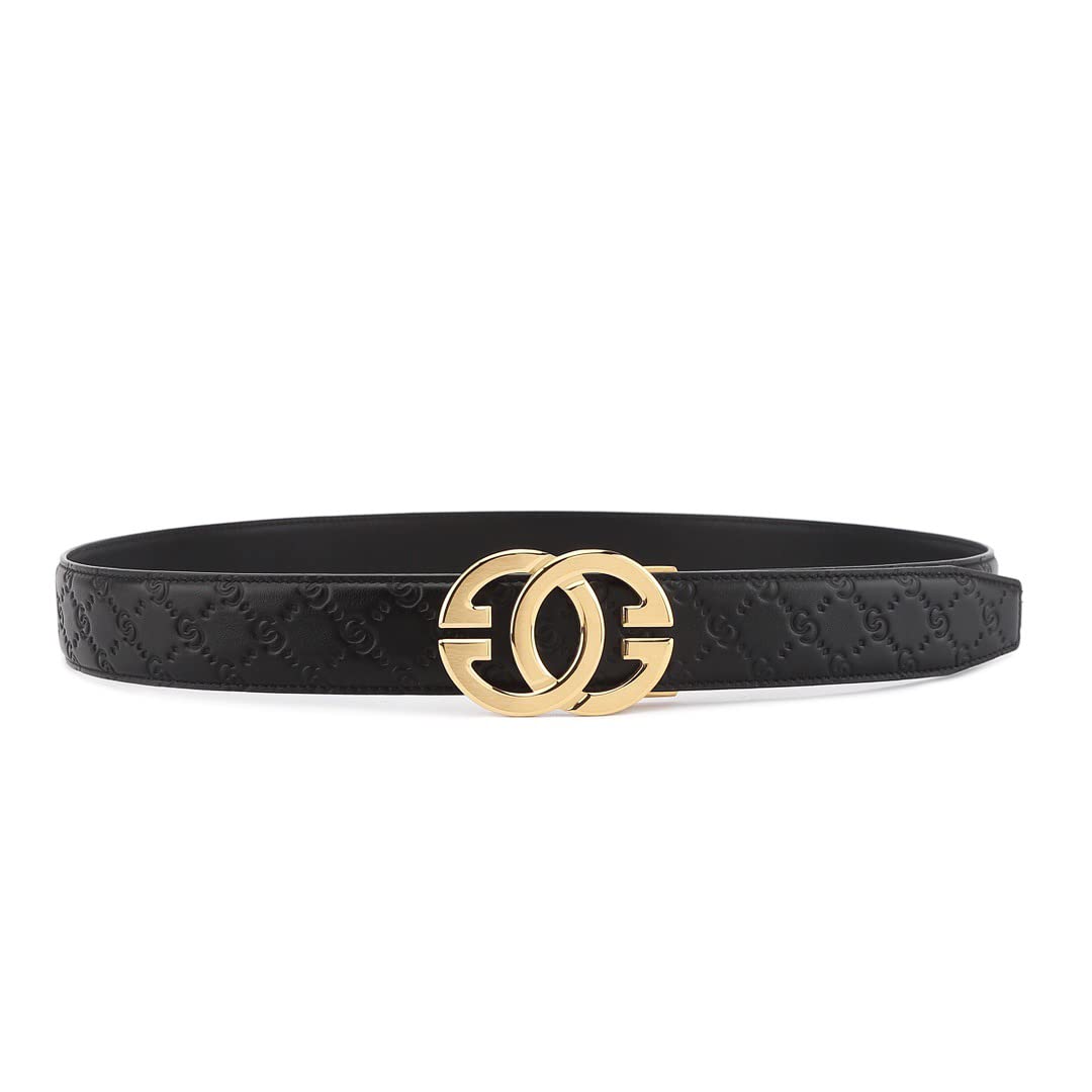 KLWINO Men's Personalized Embossed Leather Belt with Automatic Buckle Ratchet Dress Belt, Adjustable Length (Black Gold, Adjustable from 20" to 44" Waist)