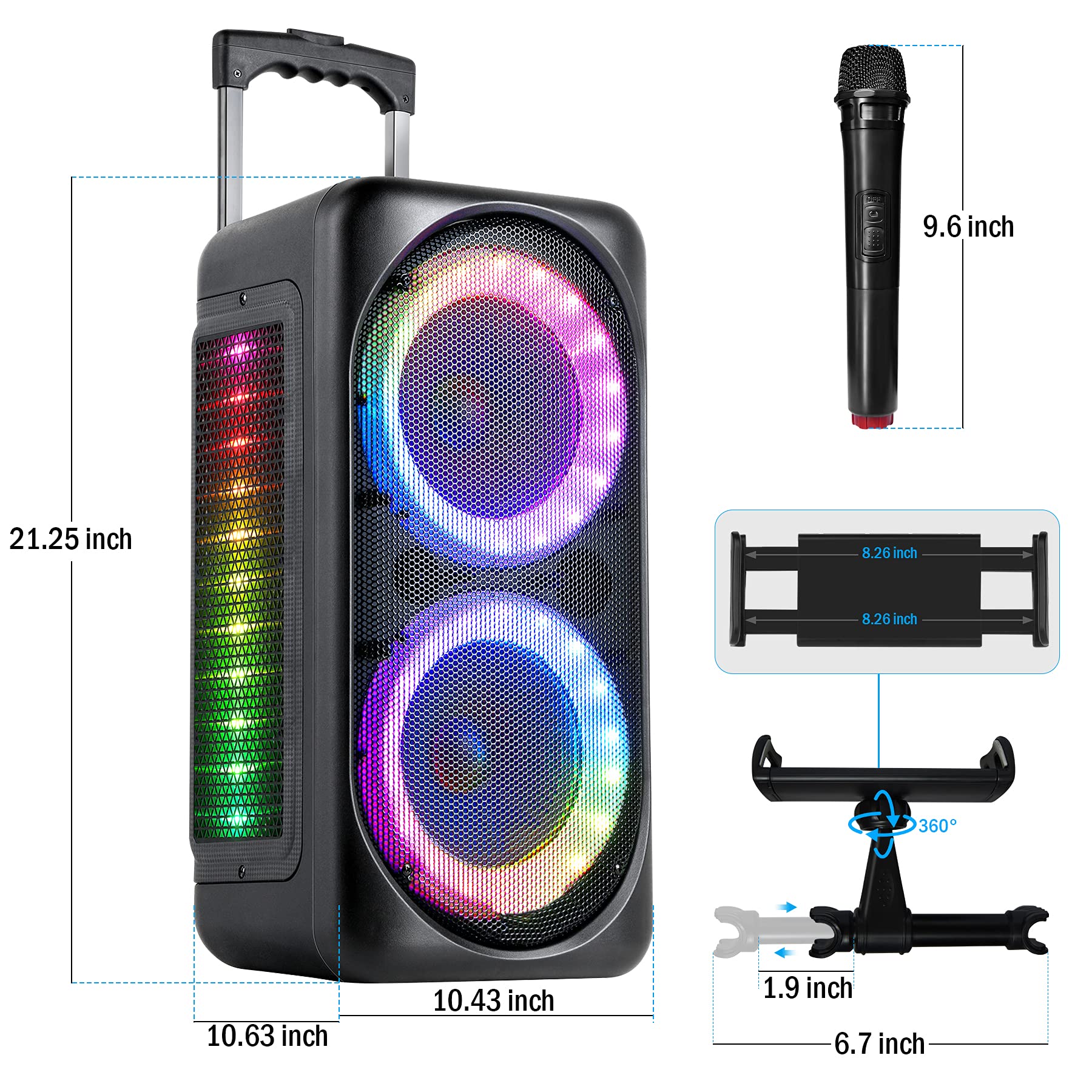 Karaoke Machine w. Microphone & Tablet Holder Rechargeable Wireless Portable Party Bluetooth Trolley Speaker Outdoor Amplifier System 8" x2 Dual Speakers 3-Side LED Disco Lights NuBoom