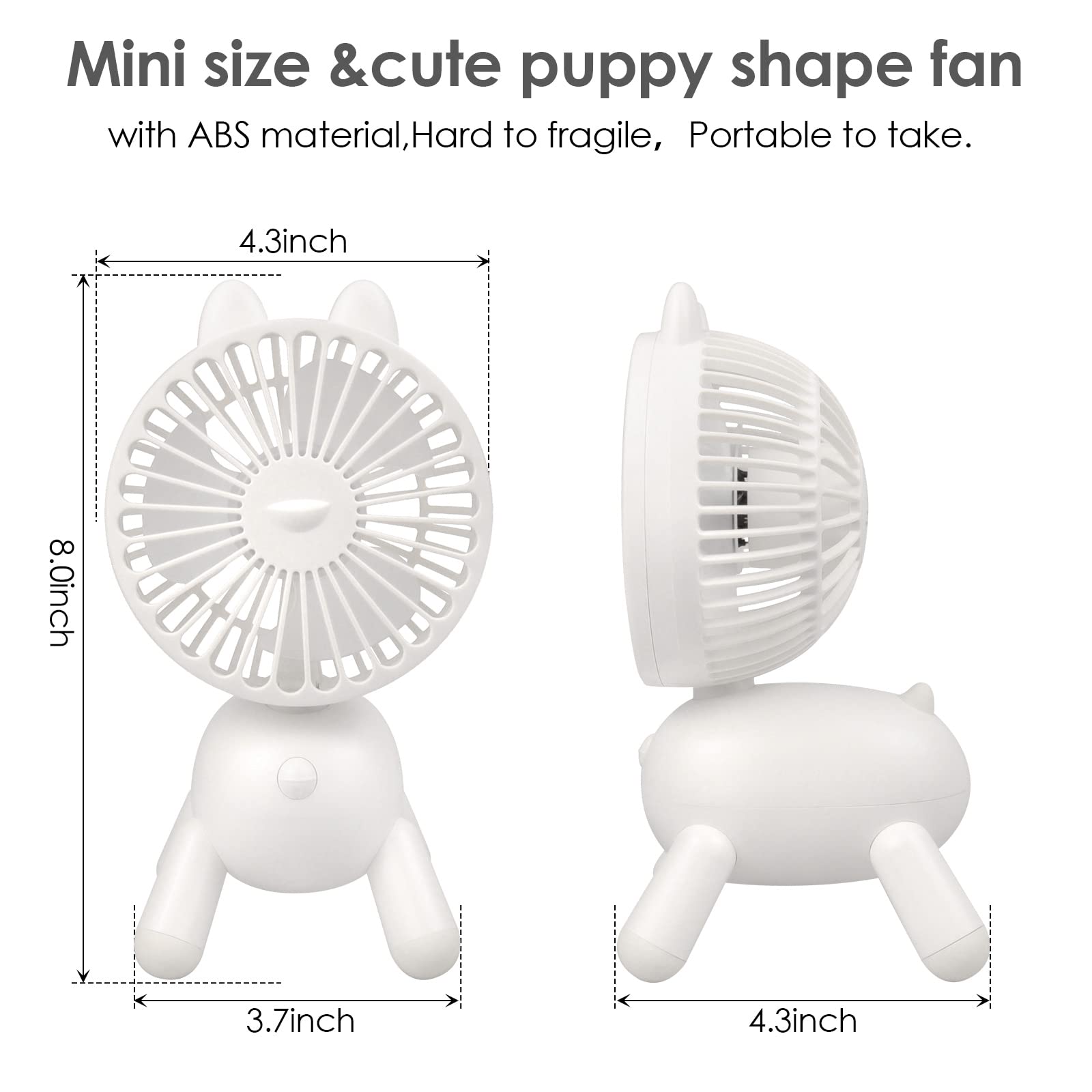 ikiu 8 Inch Small Rechargeable Mini Desk Fan with Rotating Head 13 Hours Usage,Cute Dog-Shape 4 Speeds Small Desk Fan for Home/Desktop/Office,White