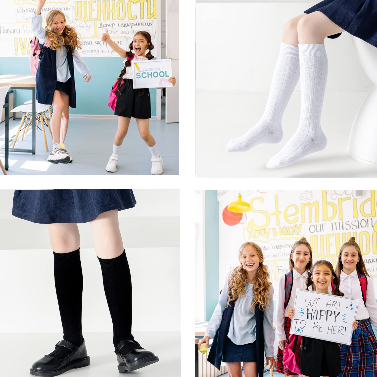 Marchare Girls Knee High Socks Kids School Uniform Seamless Cable Knit Cotton Stockings White/Black/Navy 3 Pack 5-7 Years