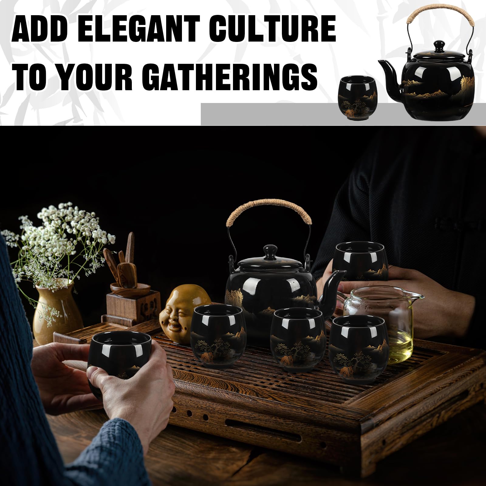 Hushee Japanese Tea Set in Gift Box Asian Tea Set Magic Teapot with 1 Teapot, 6 Tea Cups, 1 Tea Tray, 1 Stainless Infuser, Black Ceramic Chinese Porcelain Tea Set Gift for Tea Adult Lover Office Home