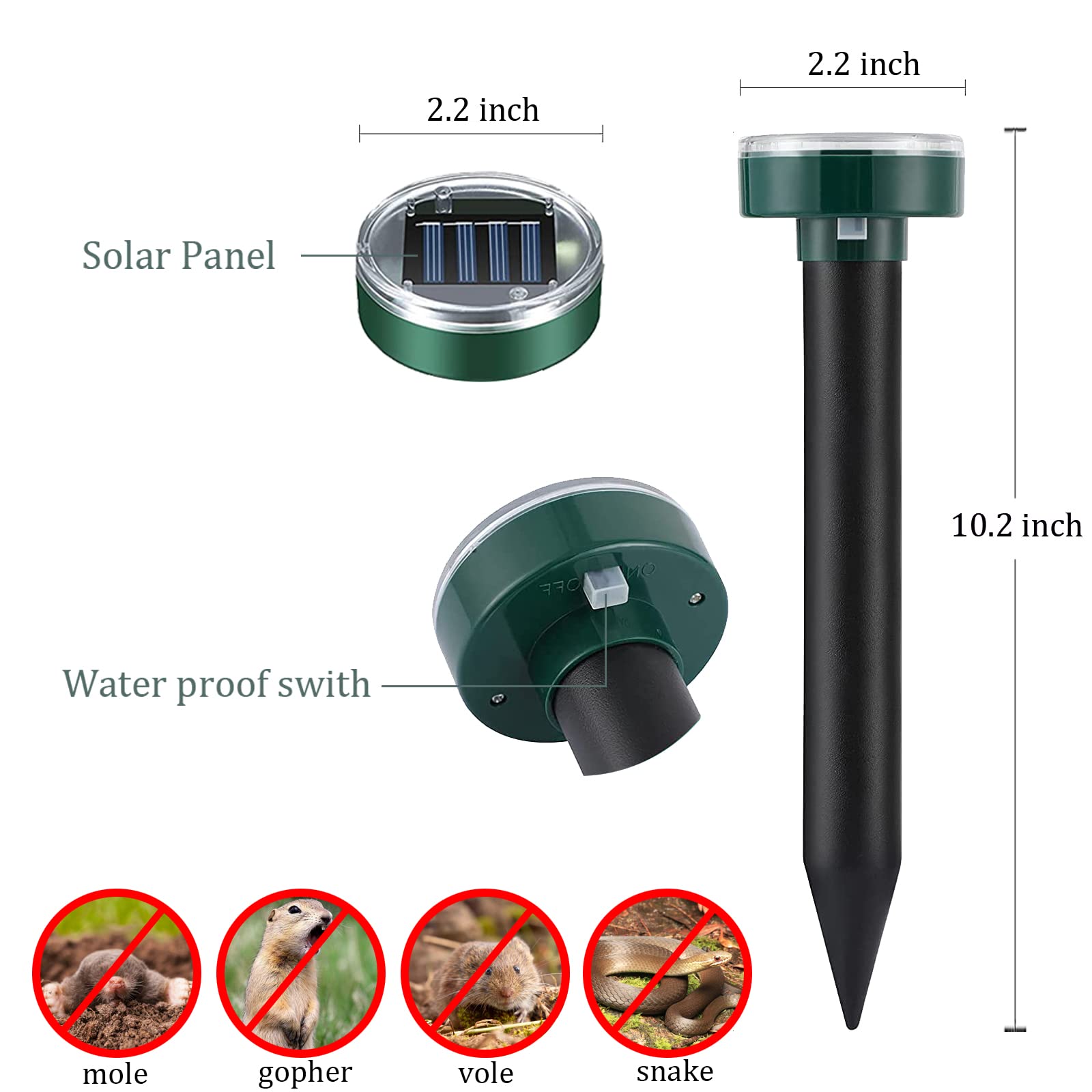 Mole Repellent 10 Pack Snake Repellent Rodent Repellent,Groundhog Stakes Solar Powered Animal Control, Ultrasonic Repellersand Deterrent for Mole, Vole, Gopher for Lawn Garden & Yard