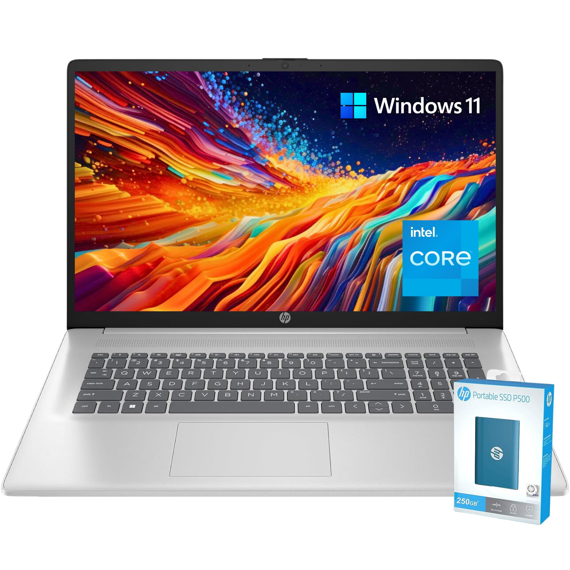 HP 17.3" Display Flagship HD+ Laptop, 16GB RAM, 1TB SSD Storage and P500 250GB Portable Storage, Intel Quad Core i3-1125G4(Beat i5-1035G4), Fullsize Keyboard, HDMI, Rapid Charge, Type-C, Windows 11