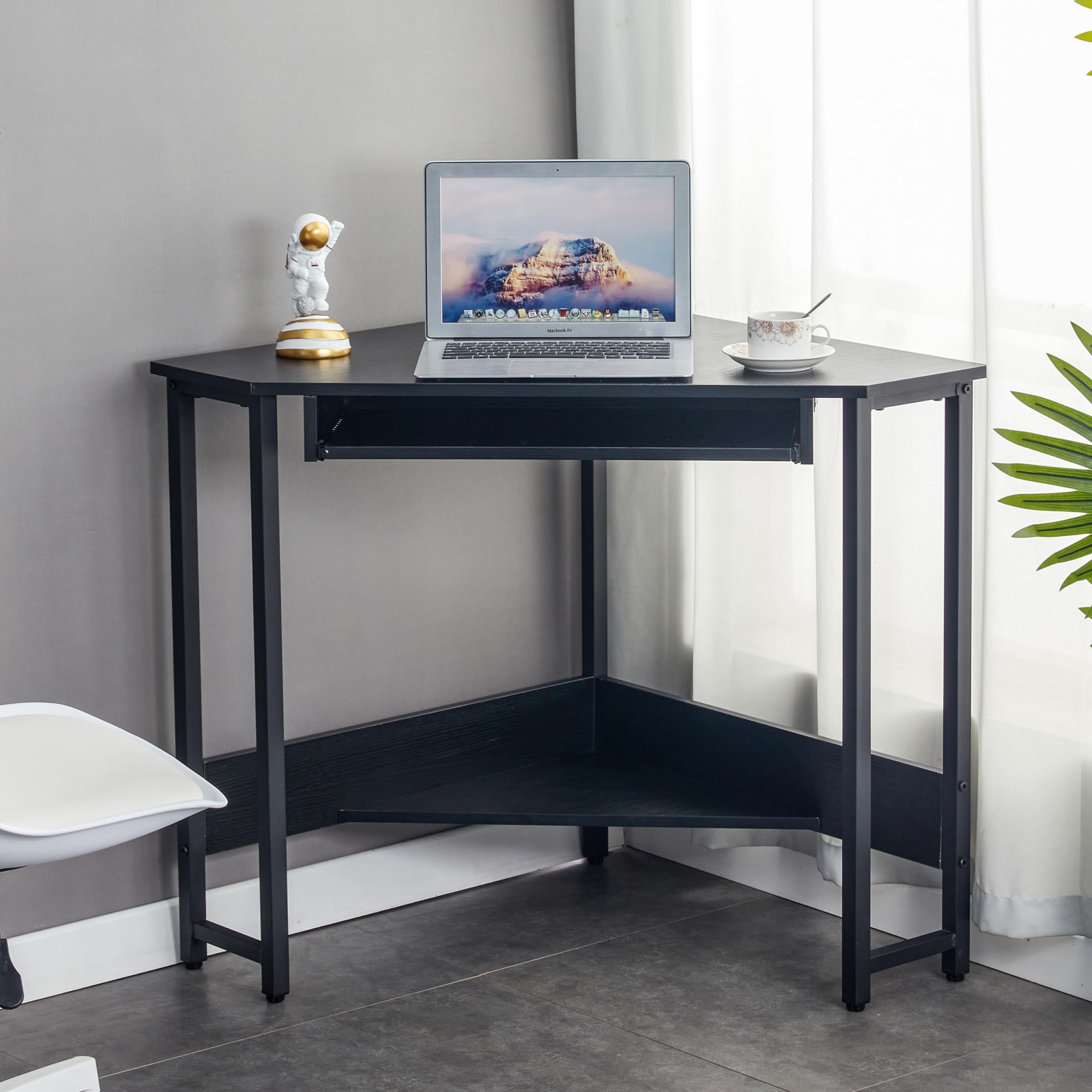 HUSIC Triangle Computer Desk, Corner Desk with Keyboard Tray& Storage Shelves, Compact Home Office Laptop PC Writing Study Tables for Small Workstation, Black