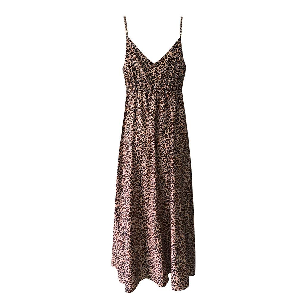 Leopard Sling Dress for Women Deep V Neck Pattern Long Dress Spaghetti Straps Sleeveless Maxi Dress