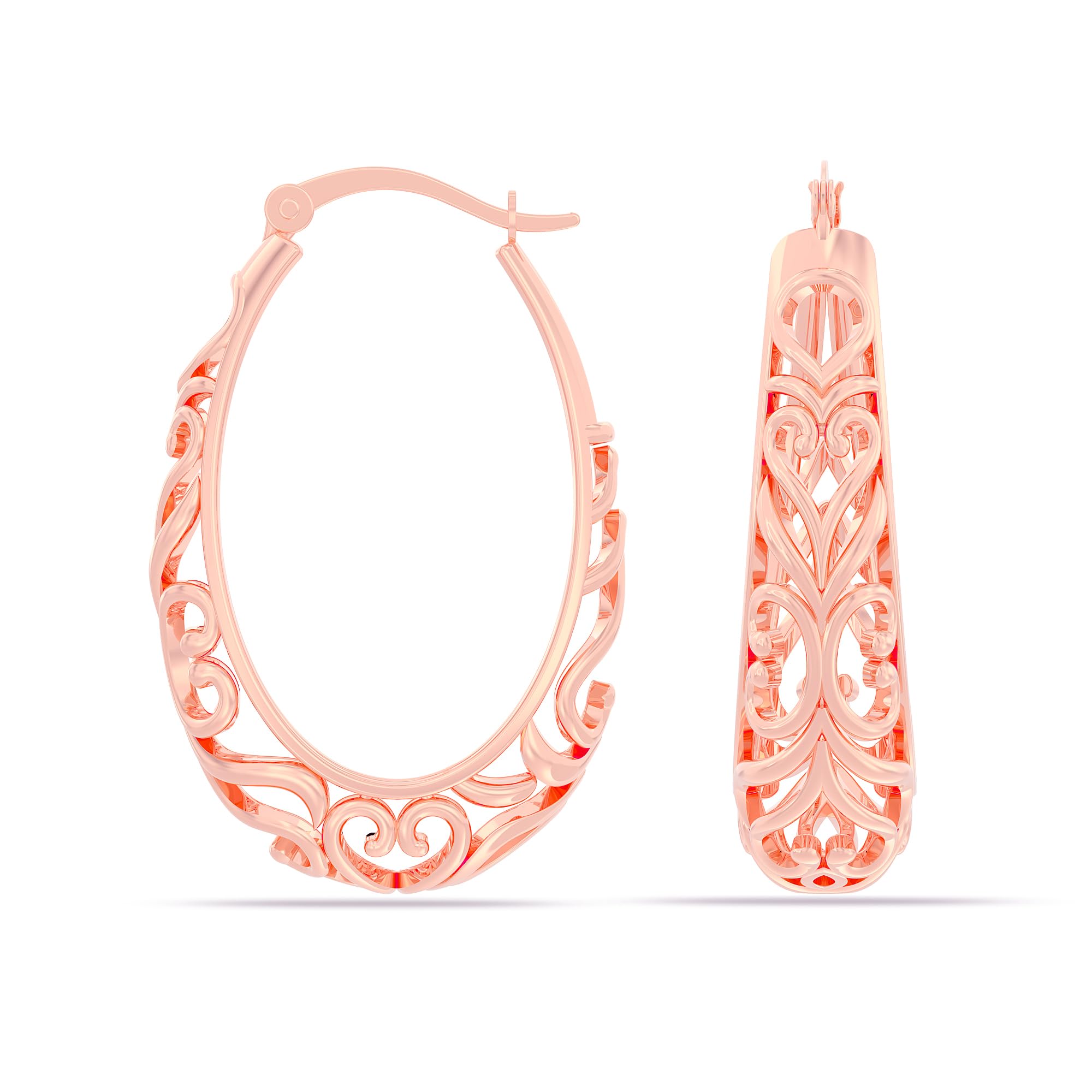 LeCalla 925 Sterling Silver Hoop Earrings Italian 14K Rose-Gold Plated Oval Filigree Hoops Earring Click-Top Lightweight Jewelry for Women - 32MM