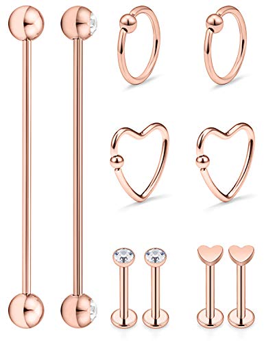 Hoeudjo 10pcs 16G 14G Surgical Steel Industrial Barbell Cartilage Earrings Hoop Helix Tragus Stud Labret Lip Medusa Monroe Rings Piercing Jewelry for Women Men Rose Gold