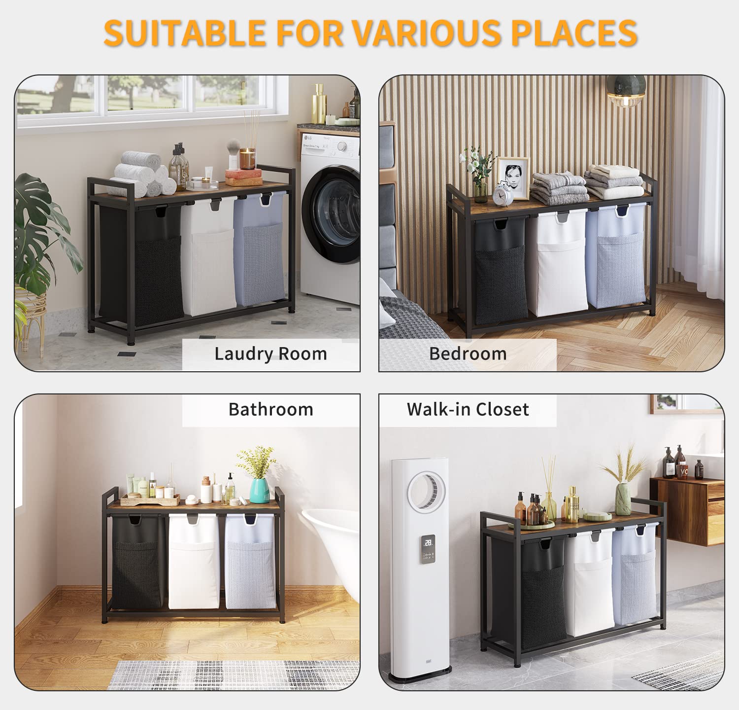 LIVEHOM Laundry Basket Three Laundry Hamper with Removable Bags, Fabric Handles, Large Top Shelf and Laundry Bag for Bathroom, Dorm, Laundry Room