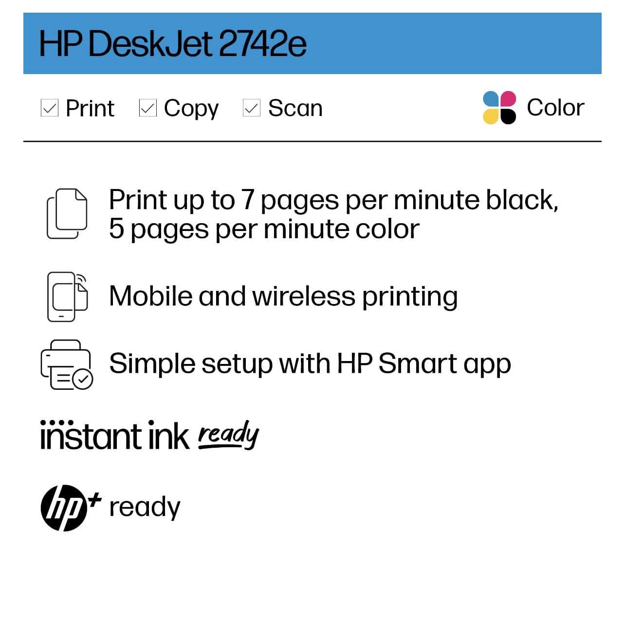 HP DeskJet 2742e All-in-One Wireless Printer Scan Copy Mobile Printing Scan to PDF, 4800 x 1200 DPI, Apple AirPrint Bluetooth USB Wi-Fi Enabled, Up to 7 ISO ppm, Icon LCD Display 7 Buttons (Renewed)