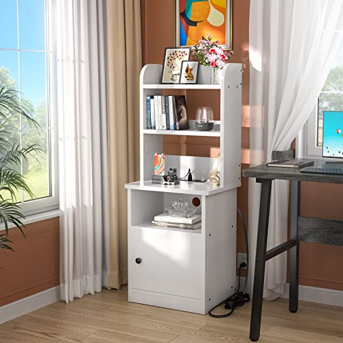 White Nightstand with Charging Station and USB Ports, 47" Tall Bedside Table with Adjustable Bookshelf, Industrial End Table Side Table with Storage Cabinet for Home Office, White