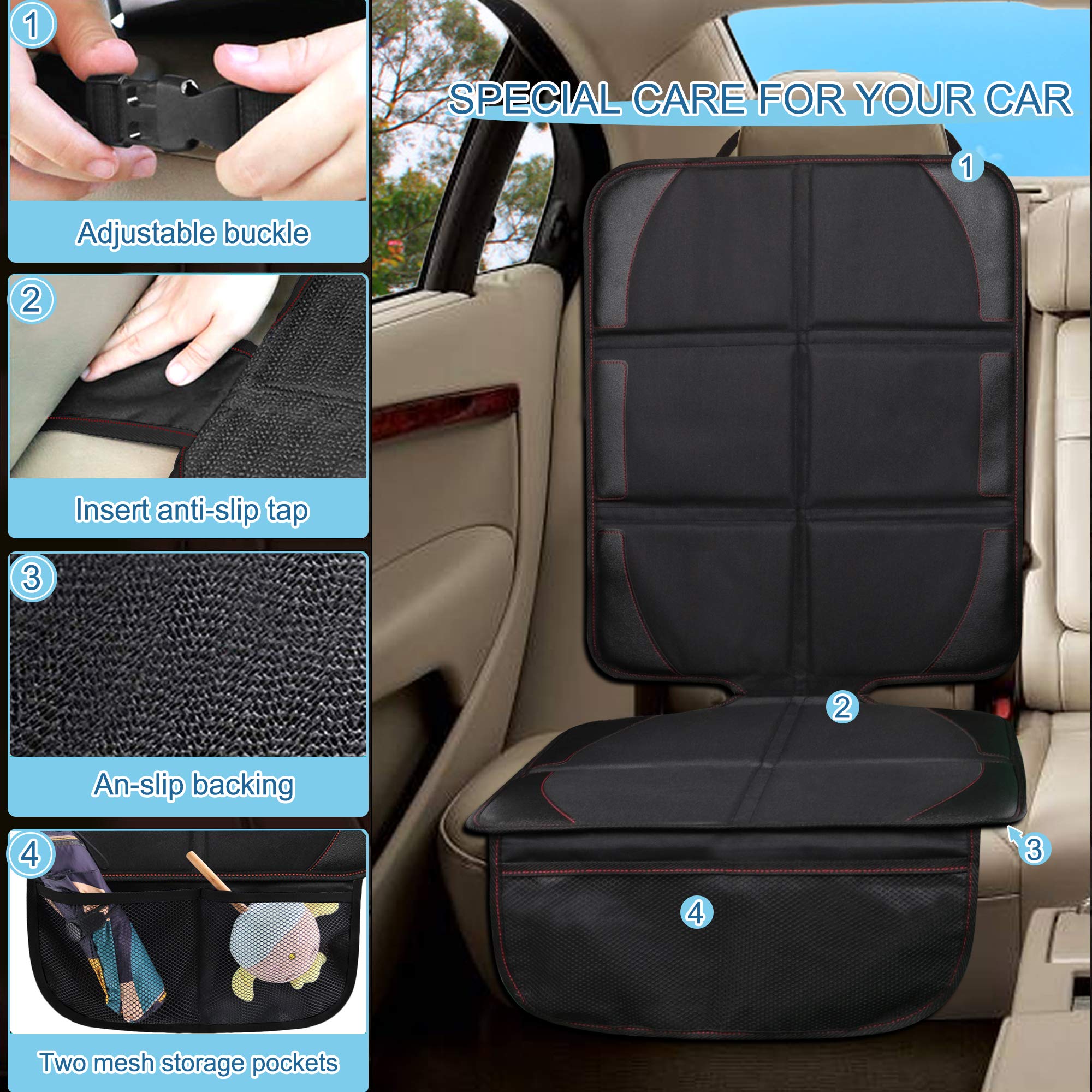 J&C Car Seat Protector for Child Carseat Waterproof Baby Car Seat Protector with Thickest Padding and Non Slip Backing 2 Pockets, fit for SUV Sedan Leather Seats