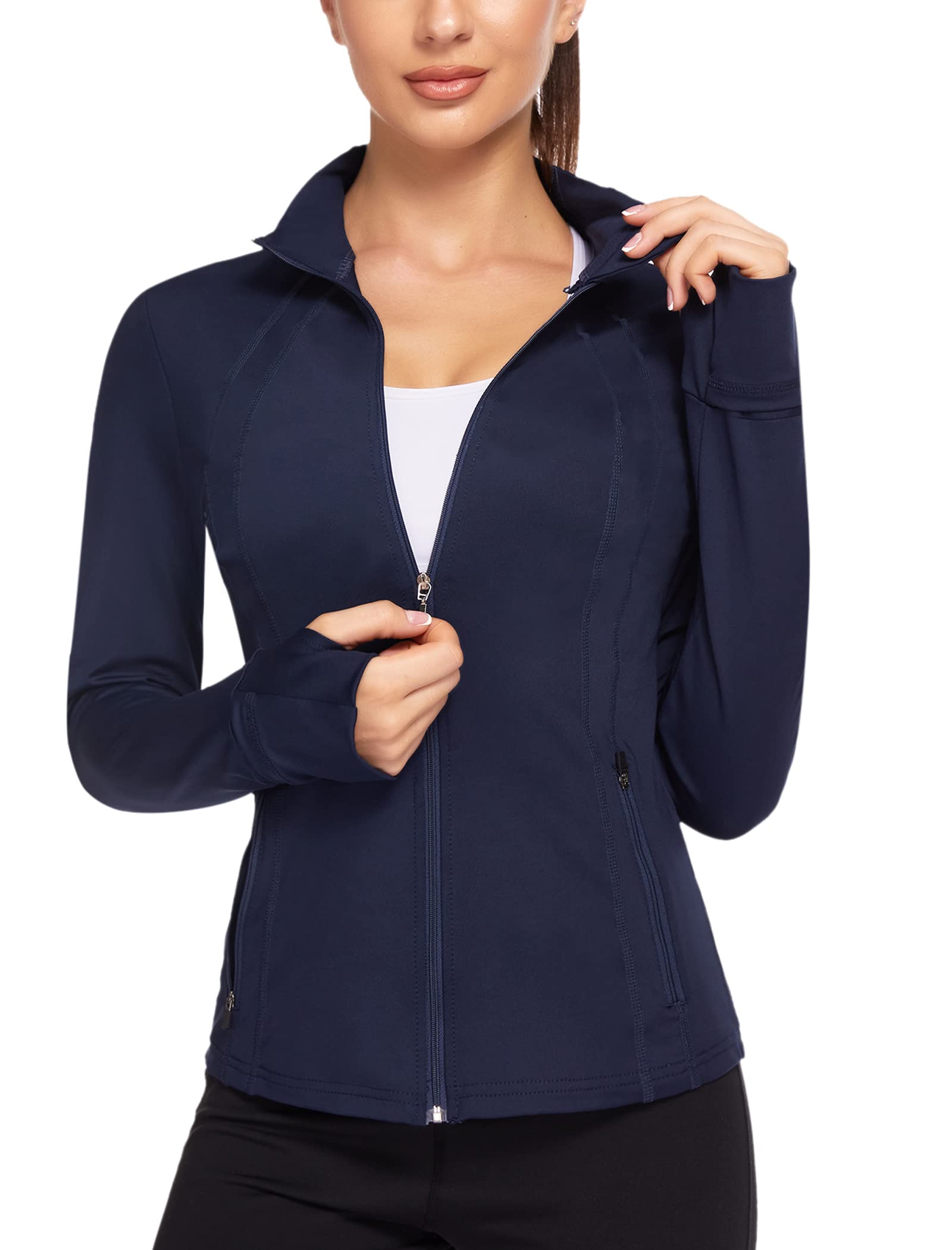 Mokermi Workout Jackets for Women, Full Zip Slim Fit Lightweight Athletic Running Sports Track Jacket with Pockets