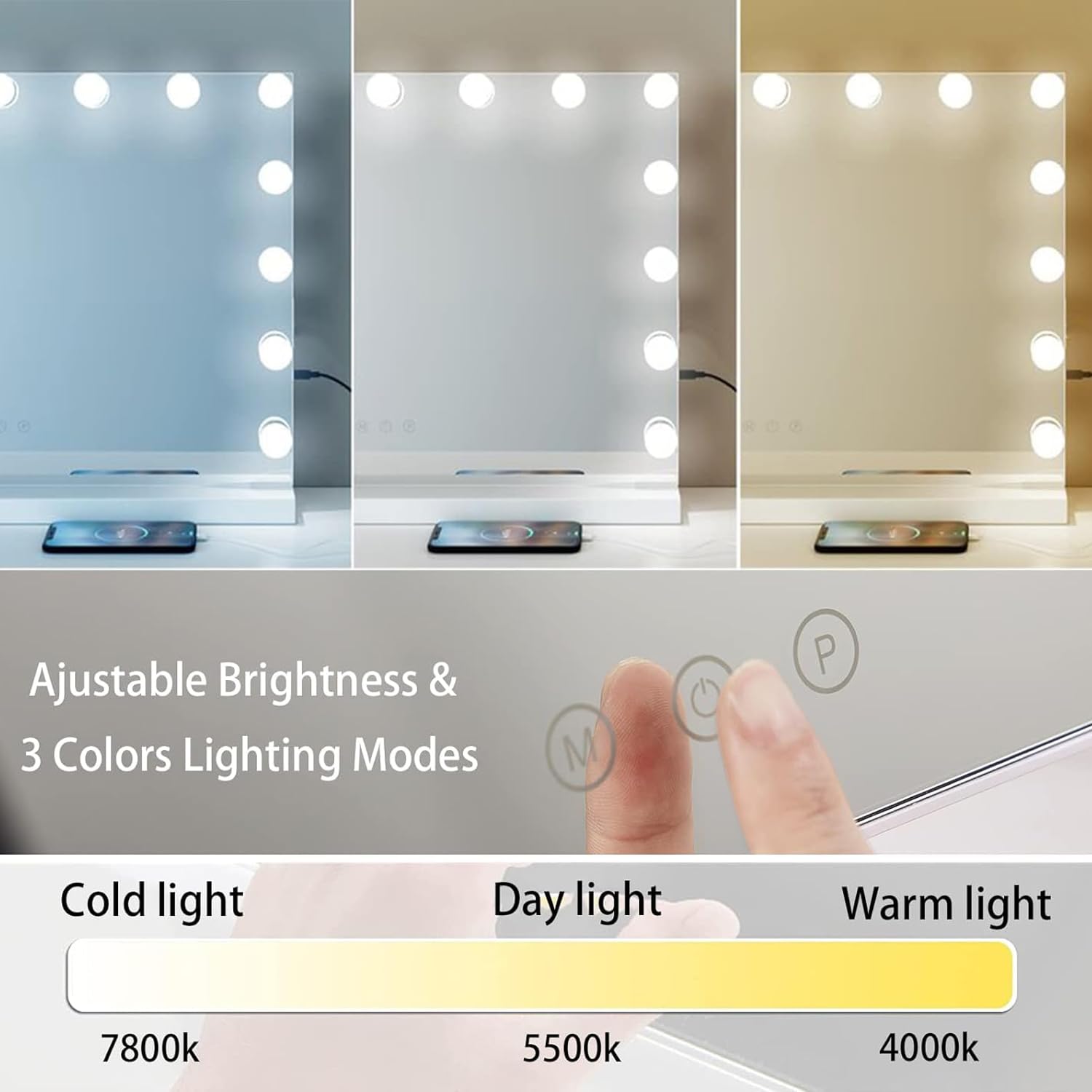 HIEEY Lighted Makeup Mirror, Hollywood Vanity Mirror with Lights, Three Color Lighting Modes, and 5X Magnification Mirror, Smart Touch Control, 360°Rotation (15.2in. White)
