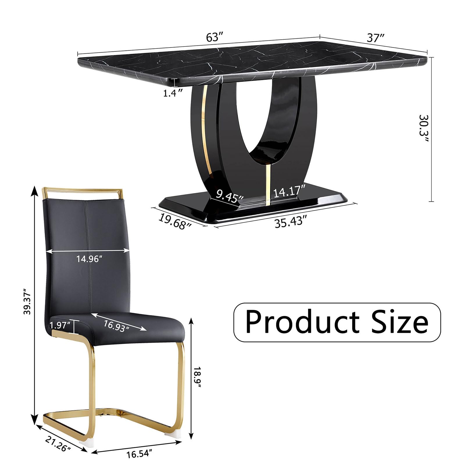HAIZAO 63 inch Marble Dining Table Set for 8, Black Marble Grain Finish Tabletop Dining Table with MDF Base, PU Faux Leather Chairs with Golden Metal Legs, for Dining Room Kitchen, Black