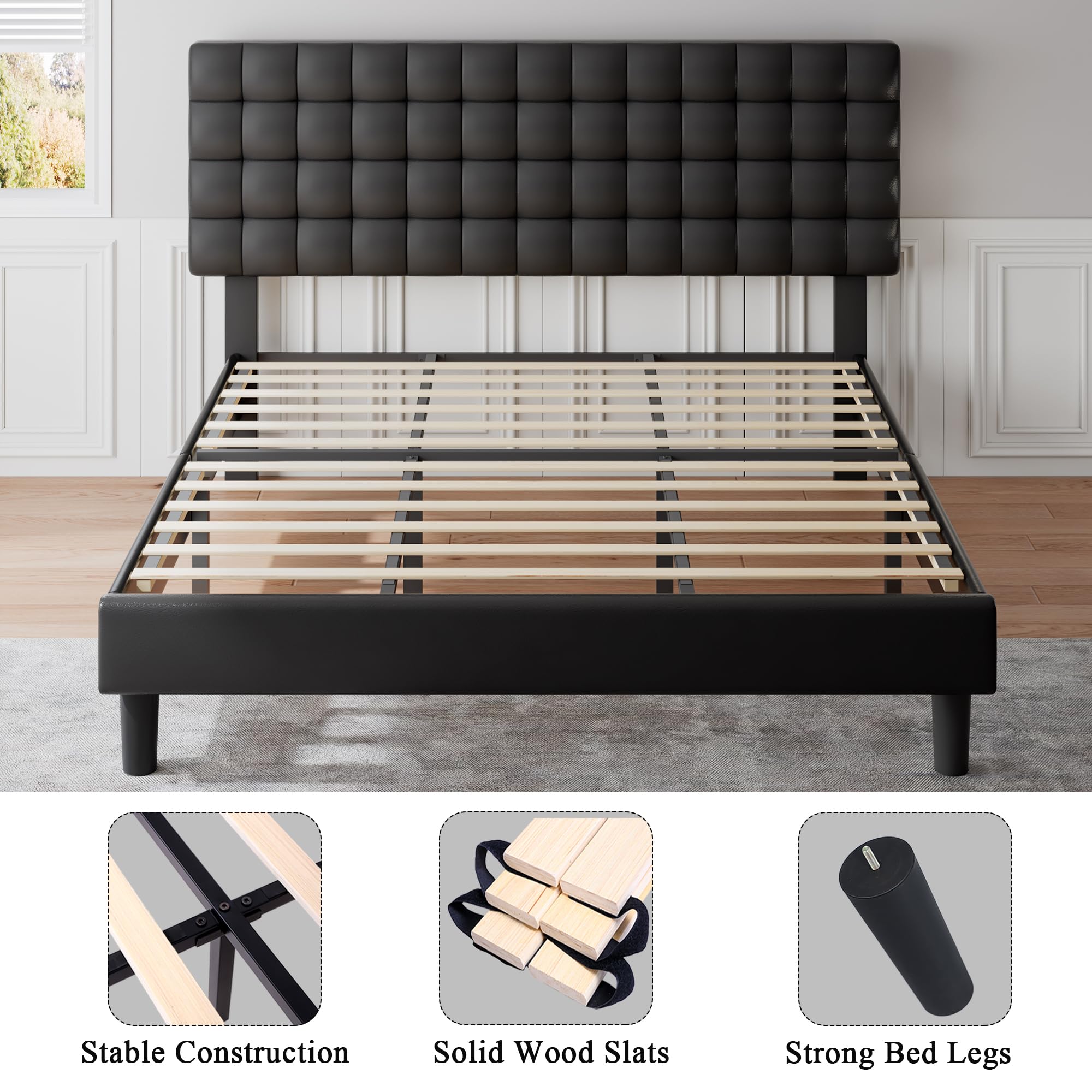 iPormis King Size Platform Bed Frame, Faux Leather Upholstered Bed Frame with Square Tufted Headboard, Wood Slats Support, No Box Spring Needed, Easy Assembly, Black